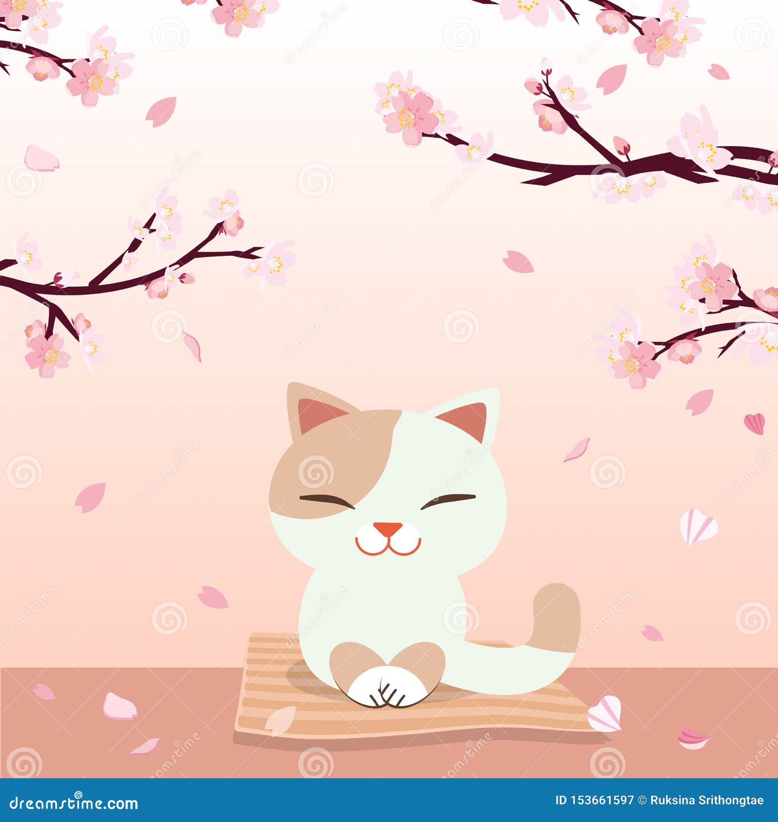 Hanami Festival. Cherry Blossom Festival. Relaxing Cat. Stock ...