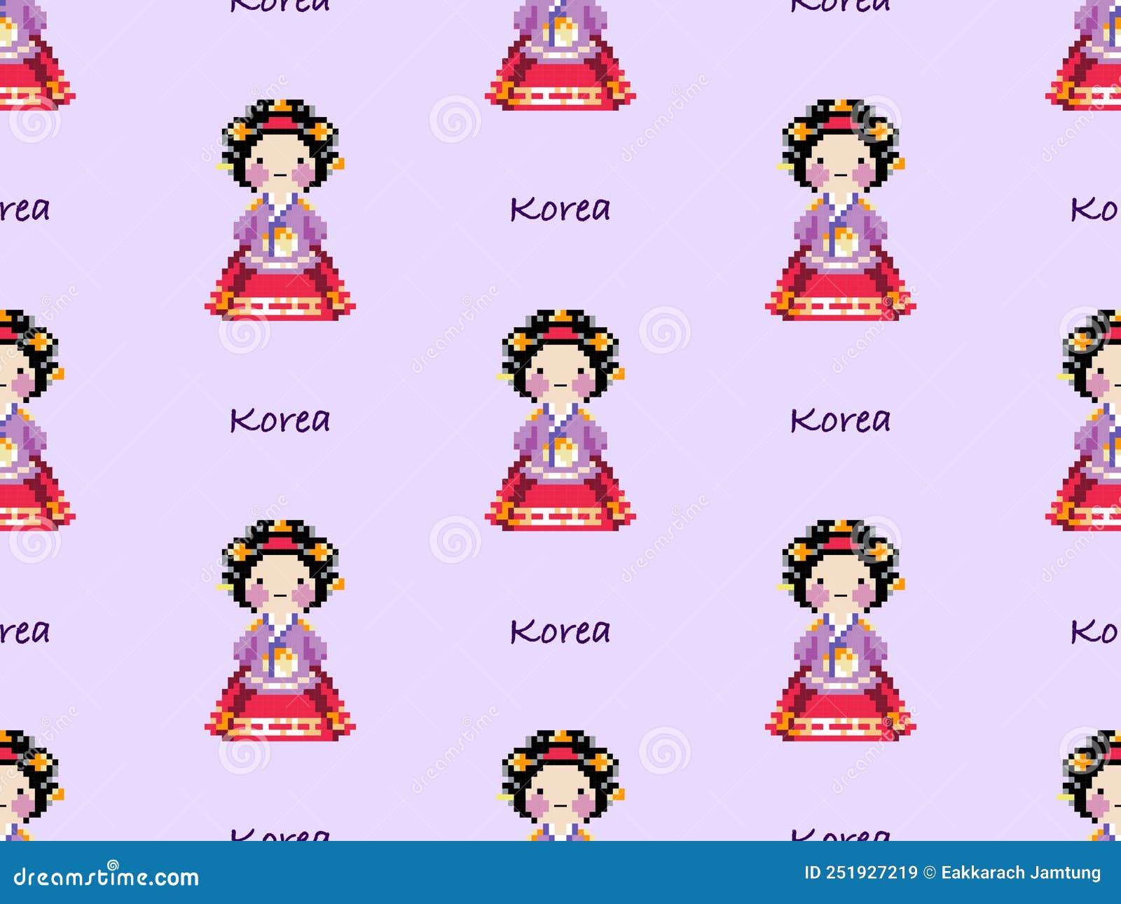 Hanbok Seamless Pattern On Purple Background. Pixel Style Cartoon ...