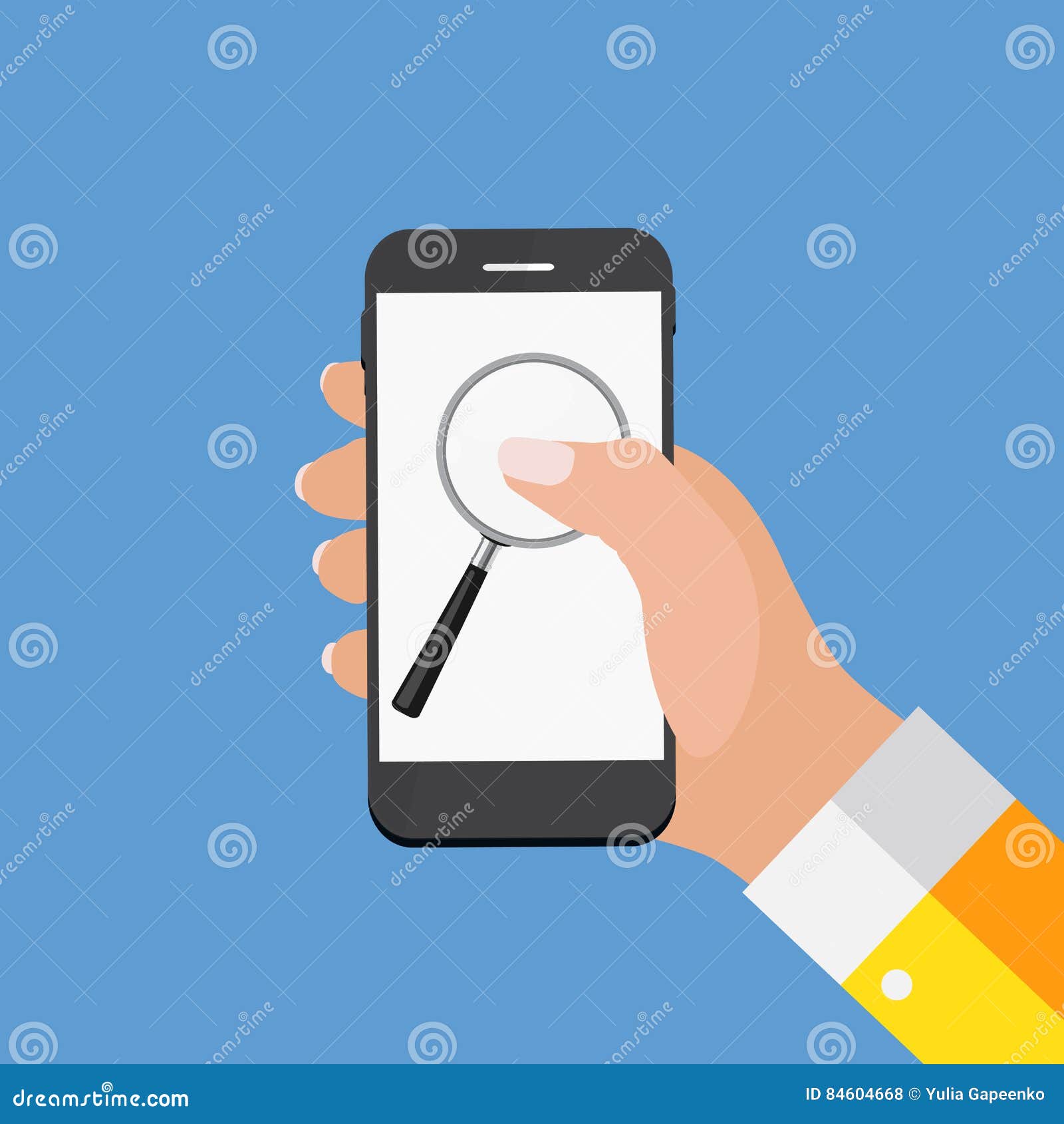 Hand with Abstract Phone and Search Icon. Template in Modern Fla Stock ...