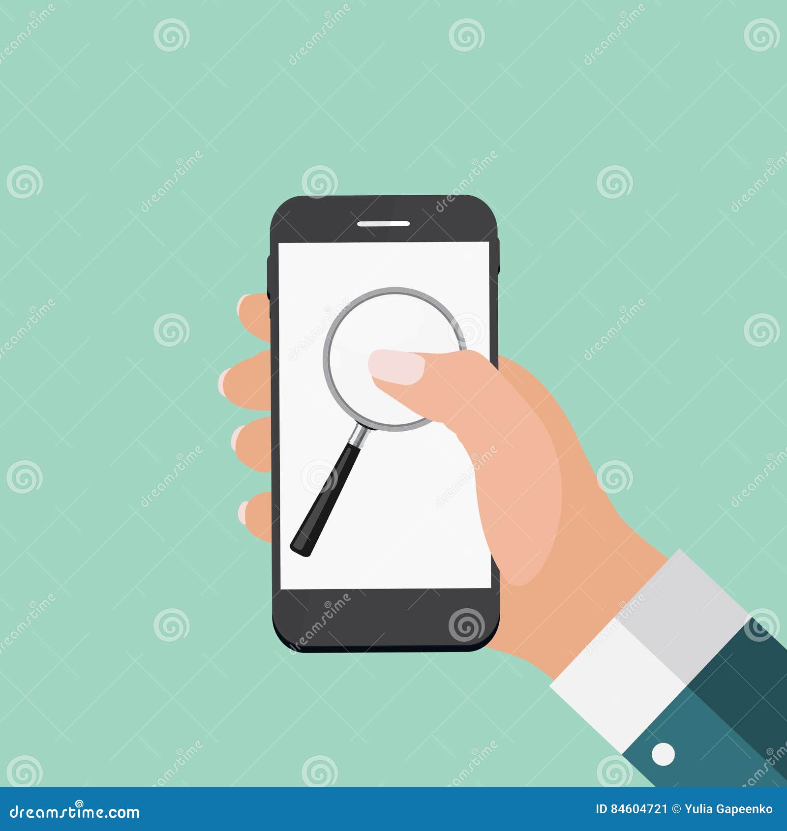 Hand with Abstract Phone and Search Icon. Template in Modern Fla Stock ...