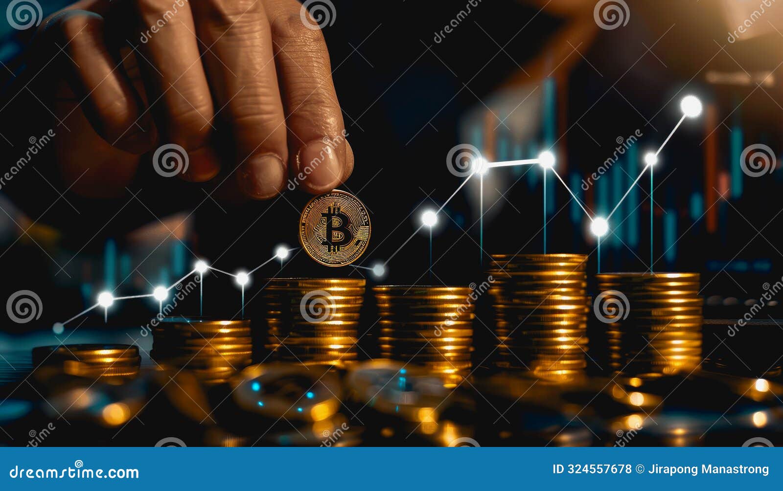 Hand Adding Gold Coin To Stack with Bright Upward Trend Line Stock ...