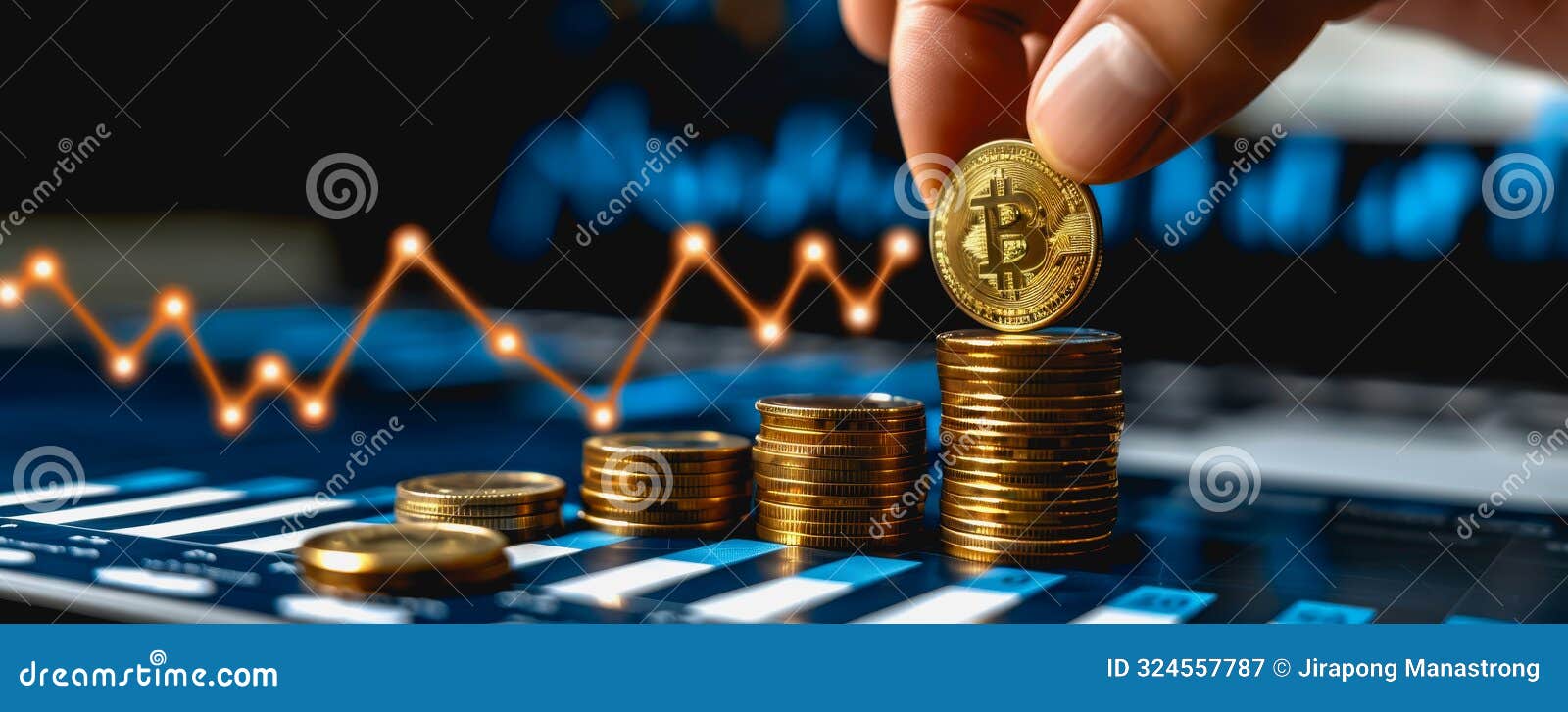 Hand Adding Gold Coin To Stack with Bright Upward Trend Line Stock ...