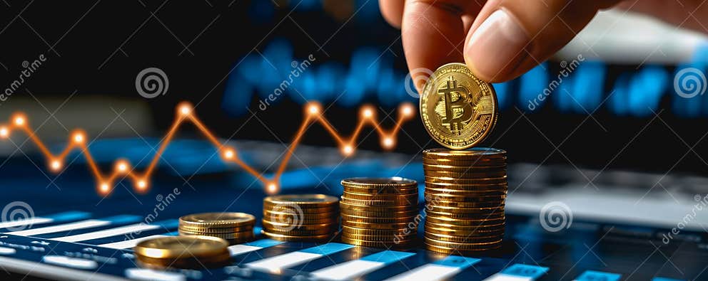 Hand Adding Gold Coin To Stack with Bright Upward Trend Line Stock ...