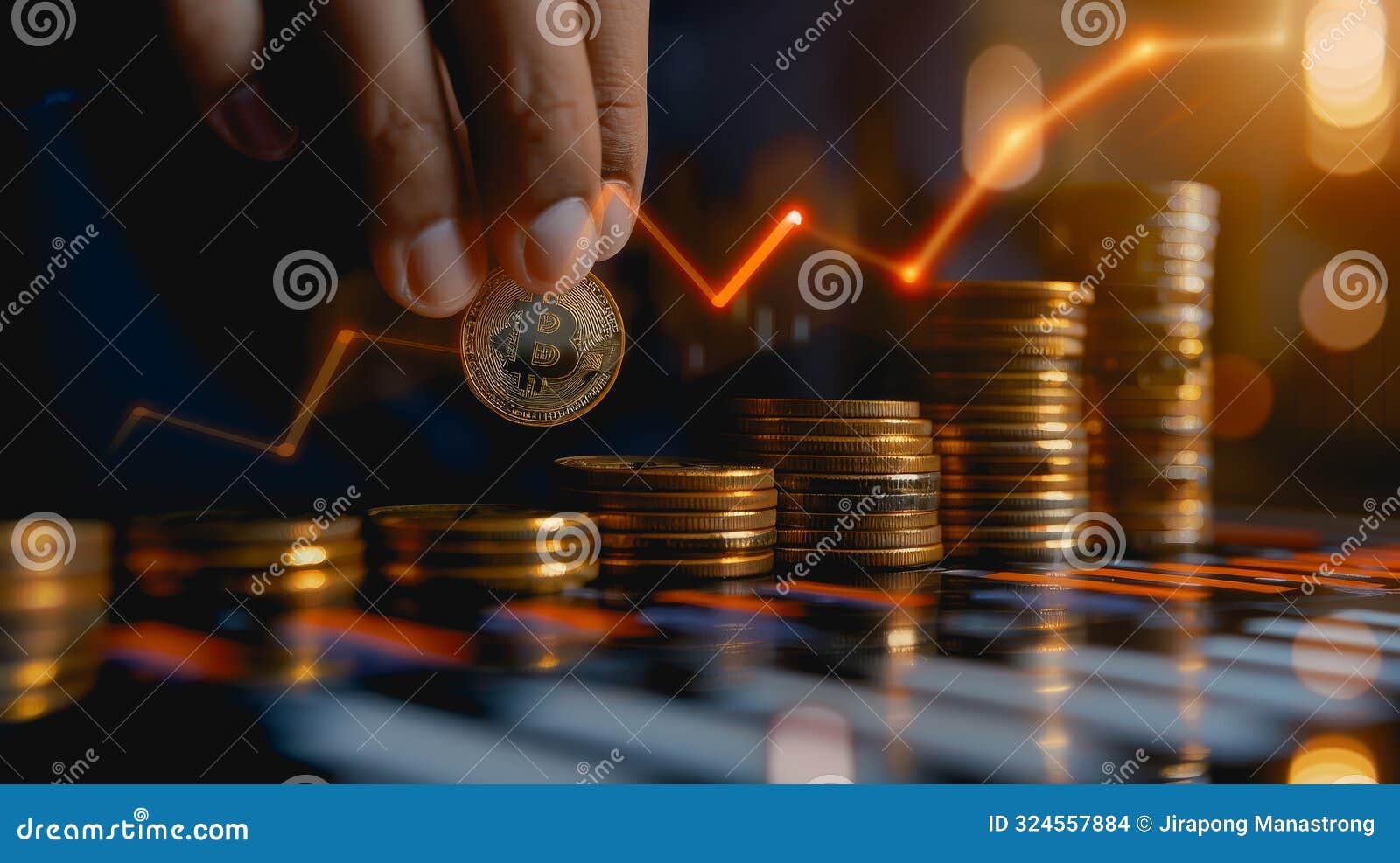 Hand Adding Gold Coin To Stack with Bright Upward Trend Line Stock ...