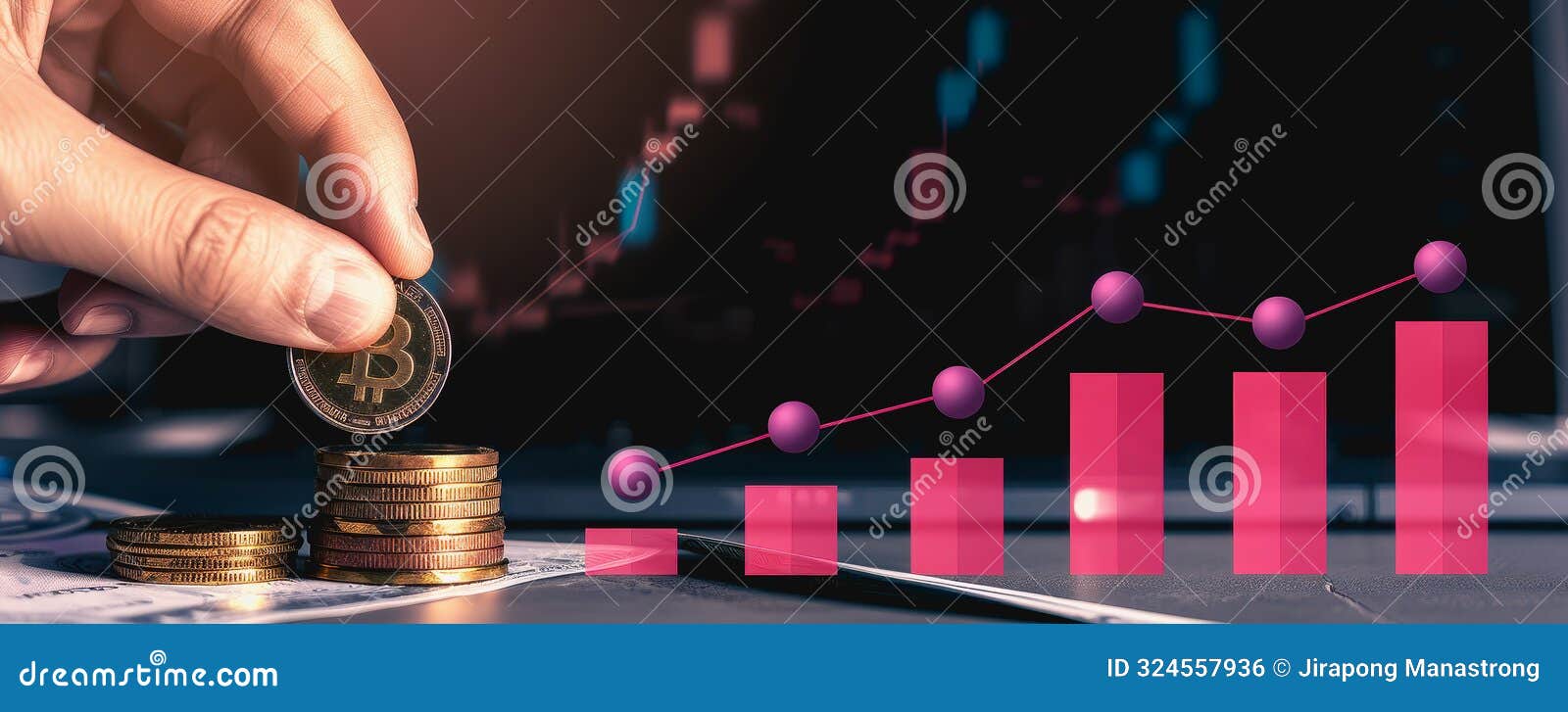 Hand Adding Gold Coin To Stack with Bright Upward Trend Line Stock ...