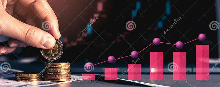 Hand Adding Gold Coin To Stack with Bright Upward Trend Line Stock ...
