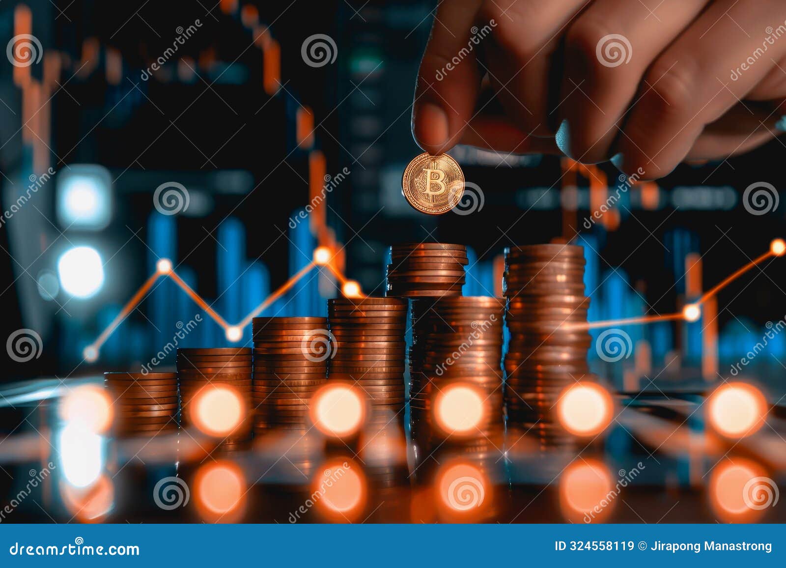 Hand Adding Gold Coin To Stack with Bright Upward Trend Line Stock ...