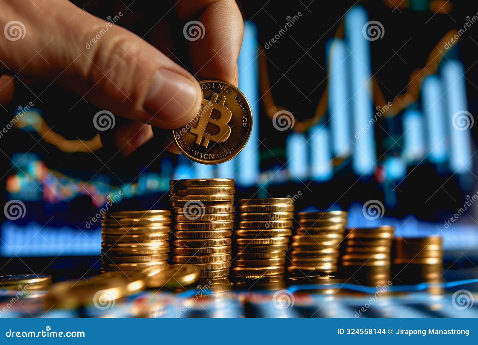 Hand Adding Gold Coin To Stack with Bright Upward Trend Line Stock ...