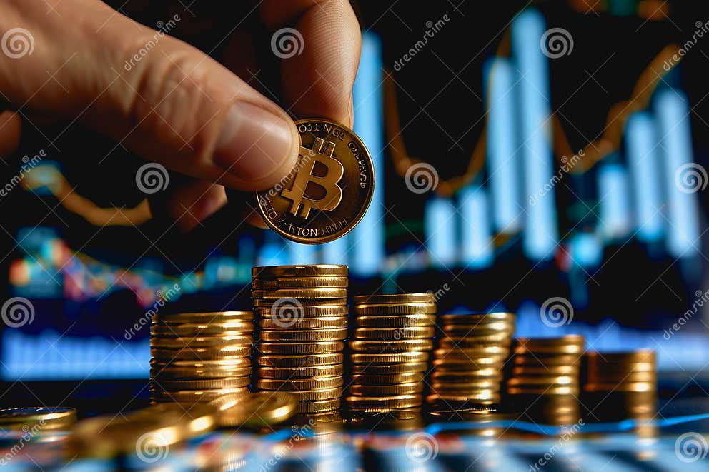 Hand Adding Gold Coin To Stack with Bright Upward Trend Line Stock ...