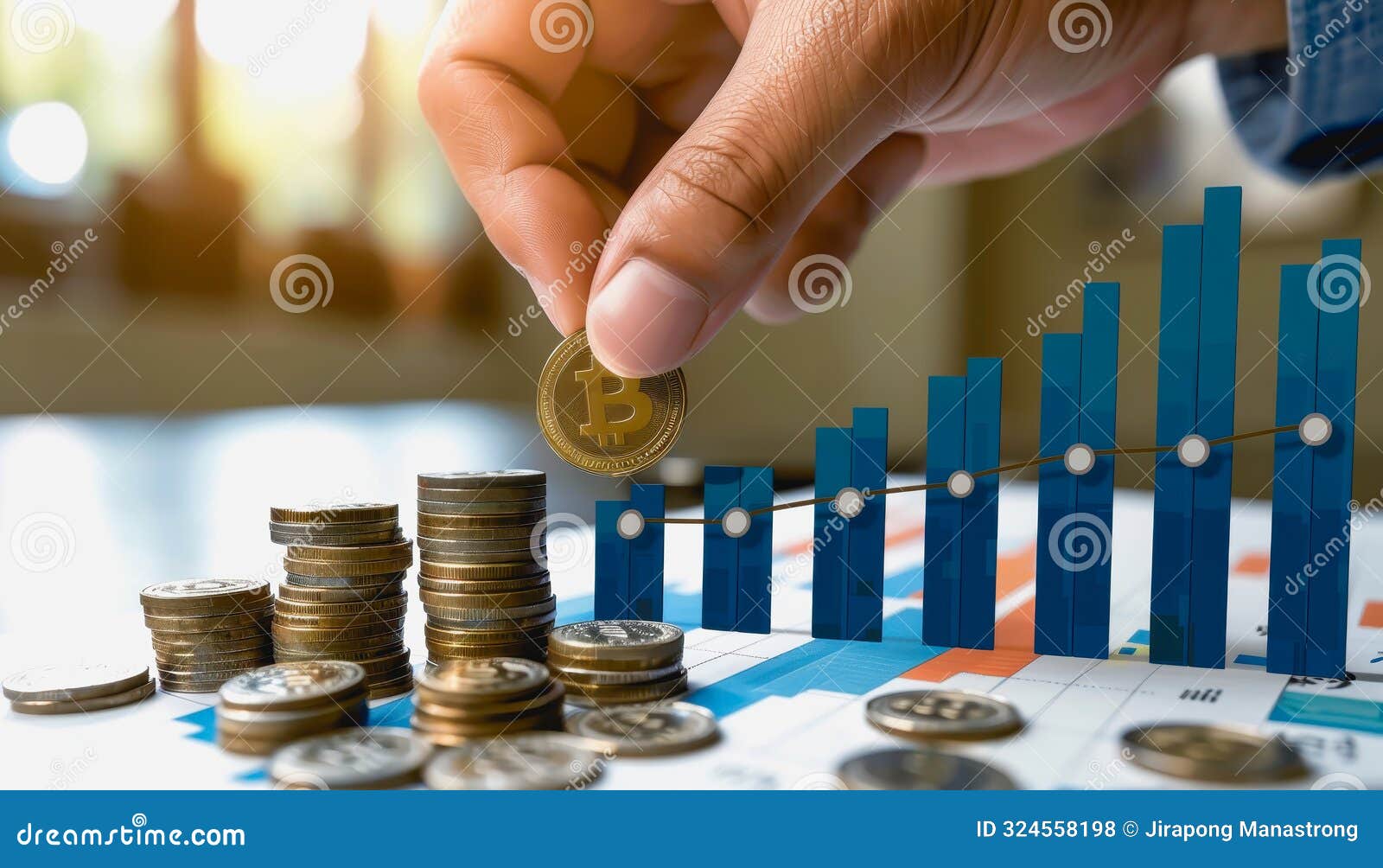 Hand Adding Gold Coin To Stack with Bright Upward Trend Line Stock ...