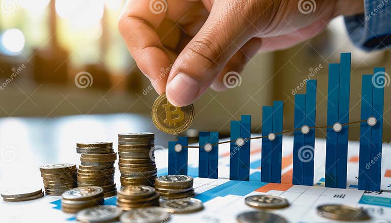Hand Adding Gold Coin To Stack with Bright Upward Trend Line Stock ...