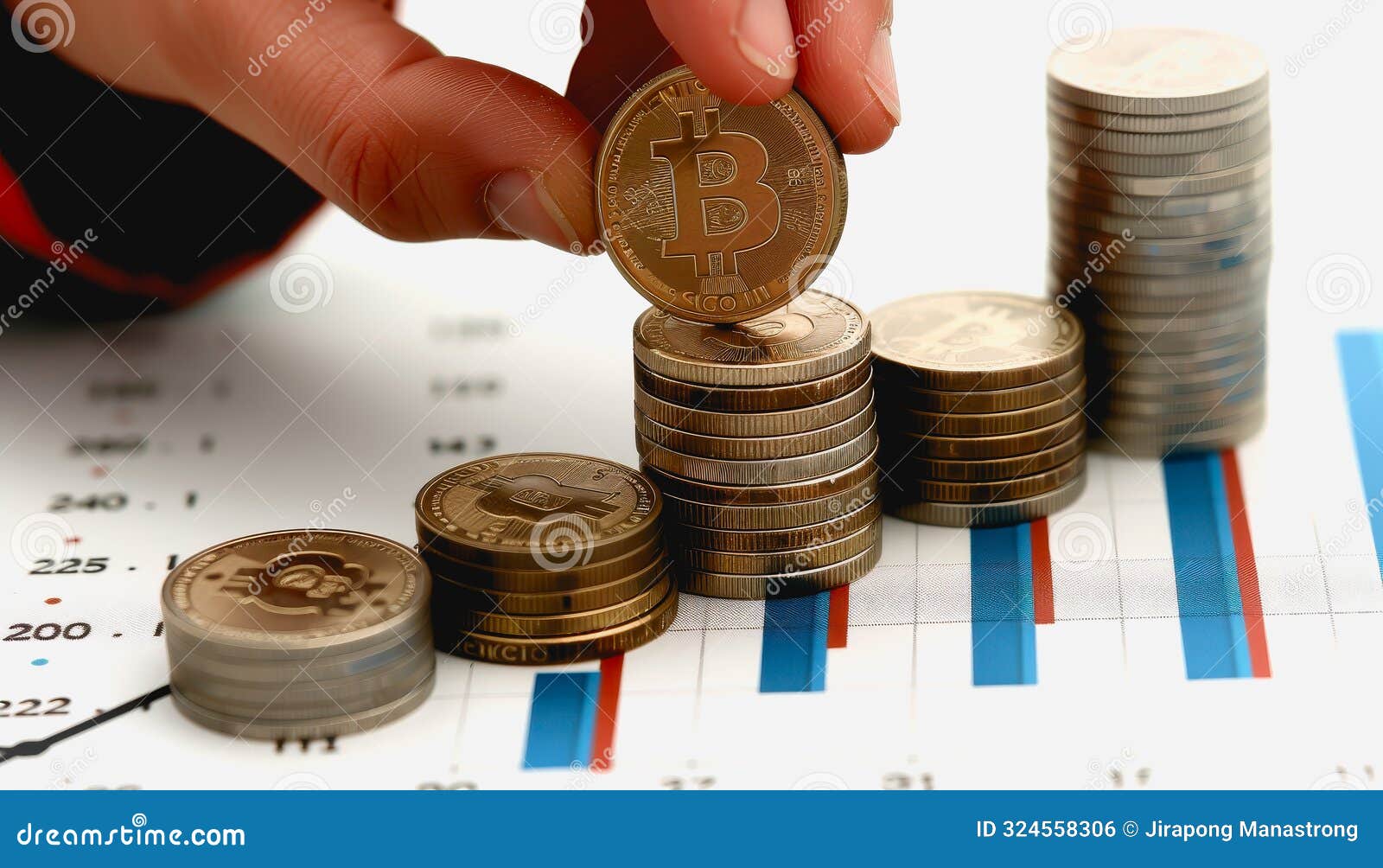 Hand Adding Gold Coin To Stack with Bright Upward Trend Line Stock ...