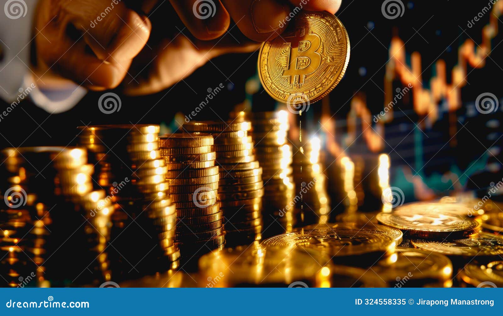 Hand Adding Gold Coin To Stack with Bright Upward Trend Line Stock ...