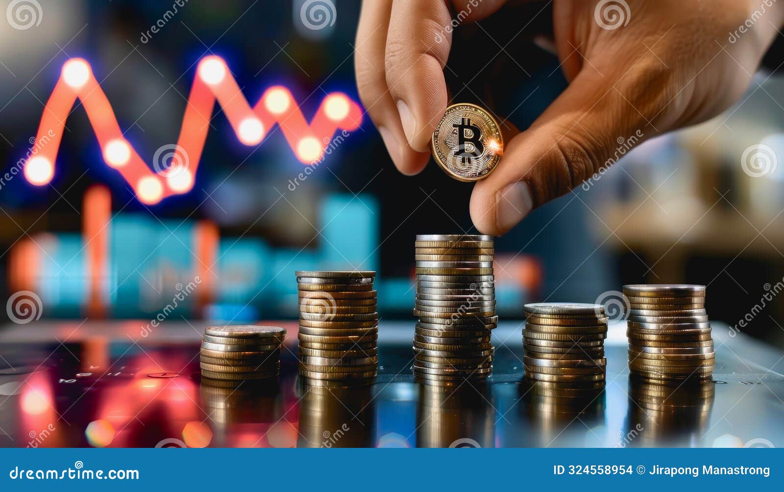 Hand Adding Gold Coin To Stack with Bright Upward Trend Line Stock ...