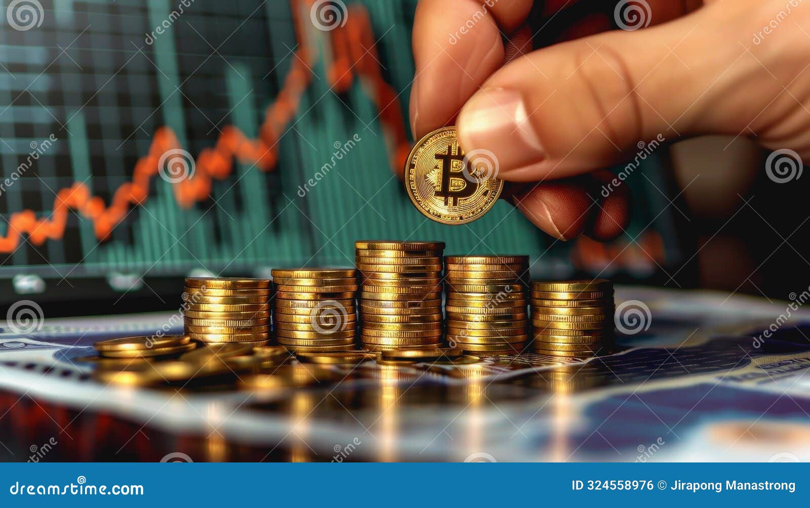 Hand Adding Gold Coin To Stack with Bright Upward Trend Line Stock ...