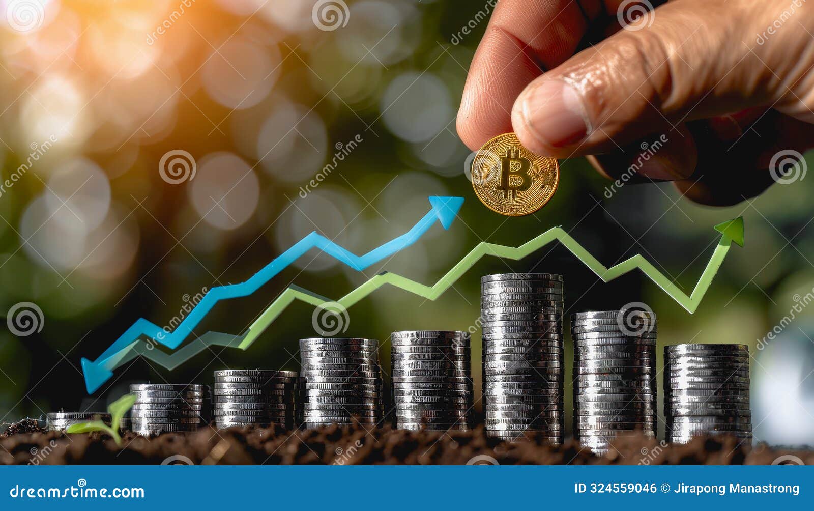 Hand Adding Gold Coin To Stack with Bright Upward Trend Line Stock ...