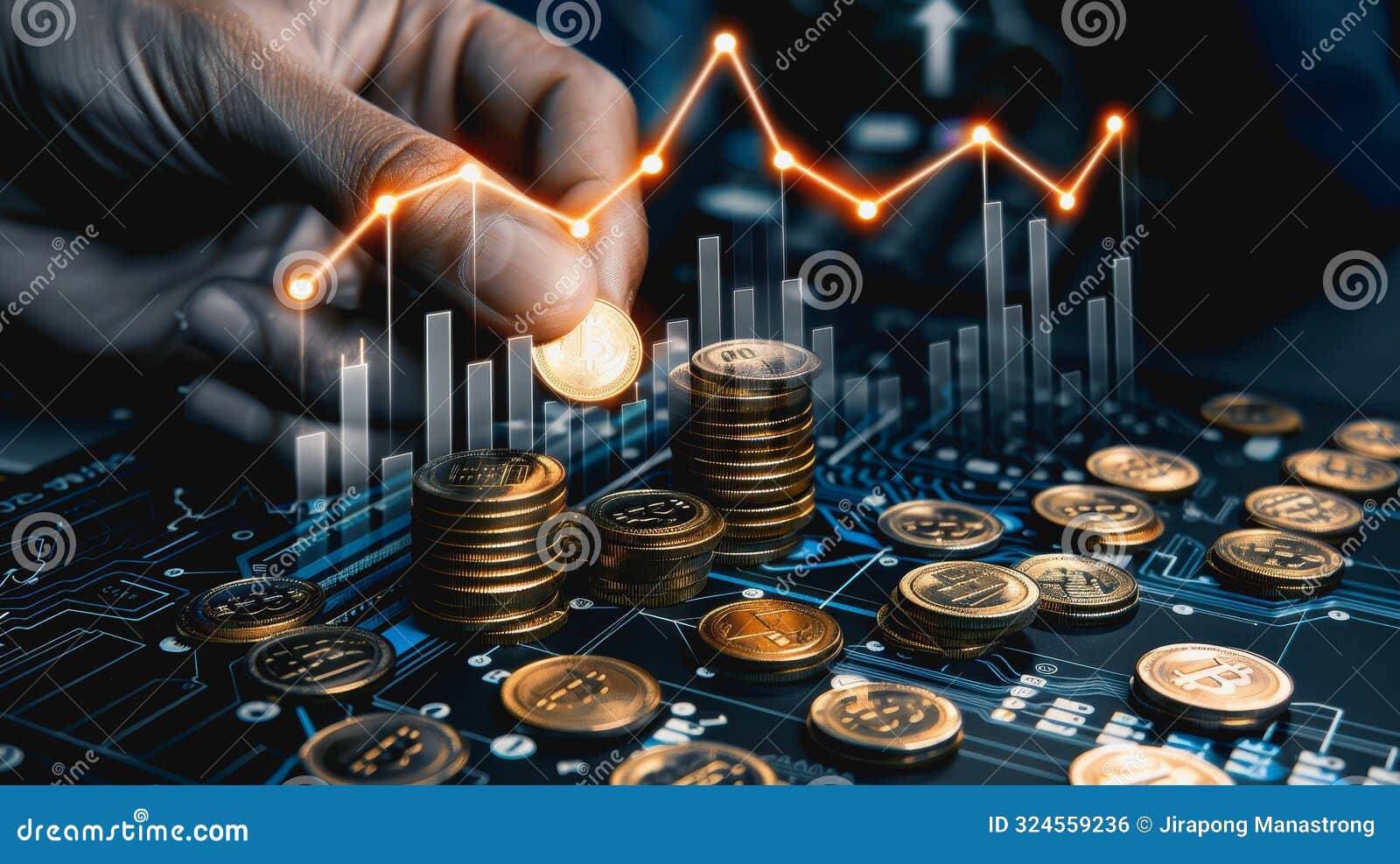 Hand Adding Gold Coin To Stack with Bright Upward Trend Line Stock ...