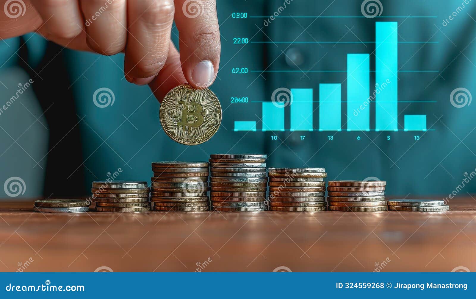 Hand Adding Gold Coin To Stack with Bright Upward Trend Line Stock ...