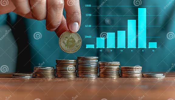 Hand Adding Gold Coin To Stack with Bright Upward Trend Line Stock ...