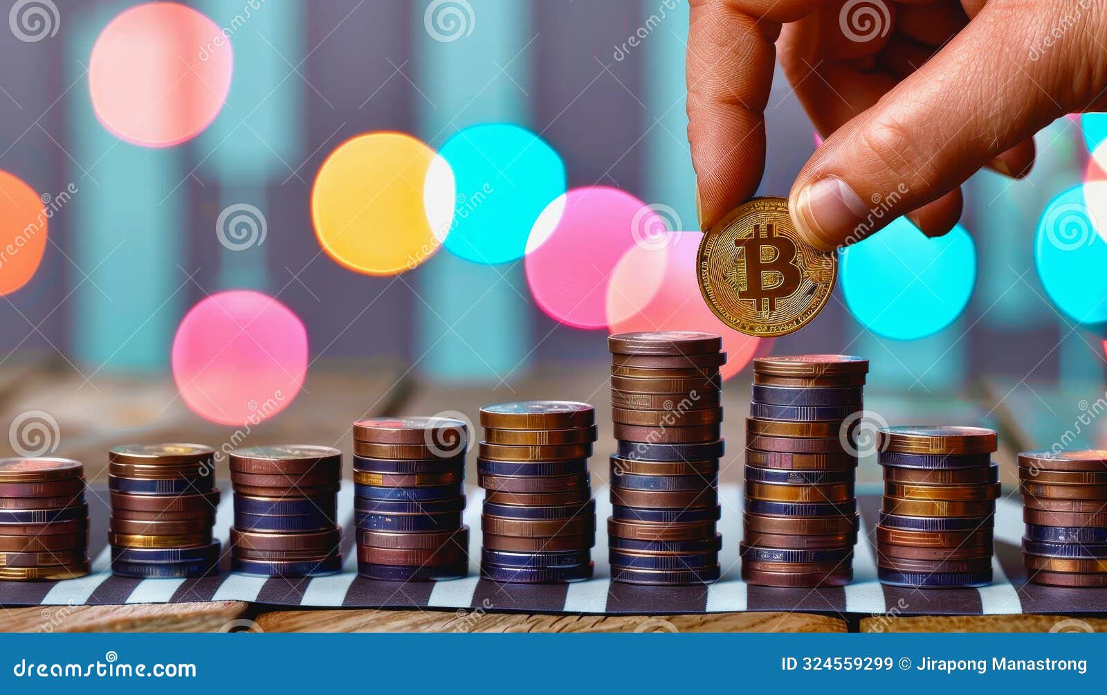 Hand Adding Gold Coin To Stack with Bright Upward Trend Line Stock ...