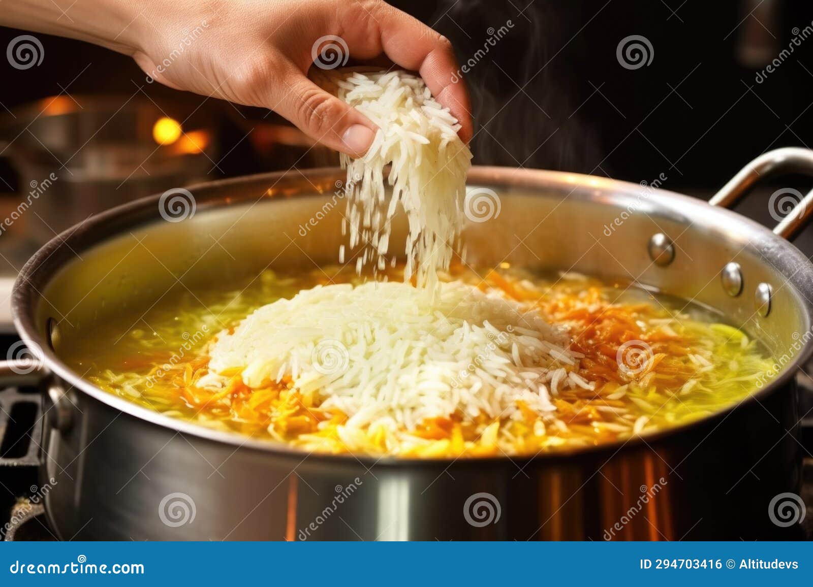 Hand Adding Rice into Simmering Soup in a Stainless Steel Pot Stock ...