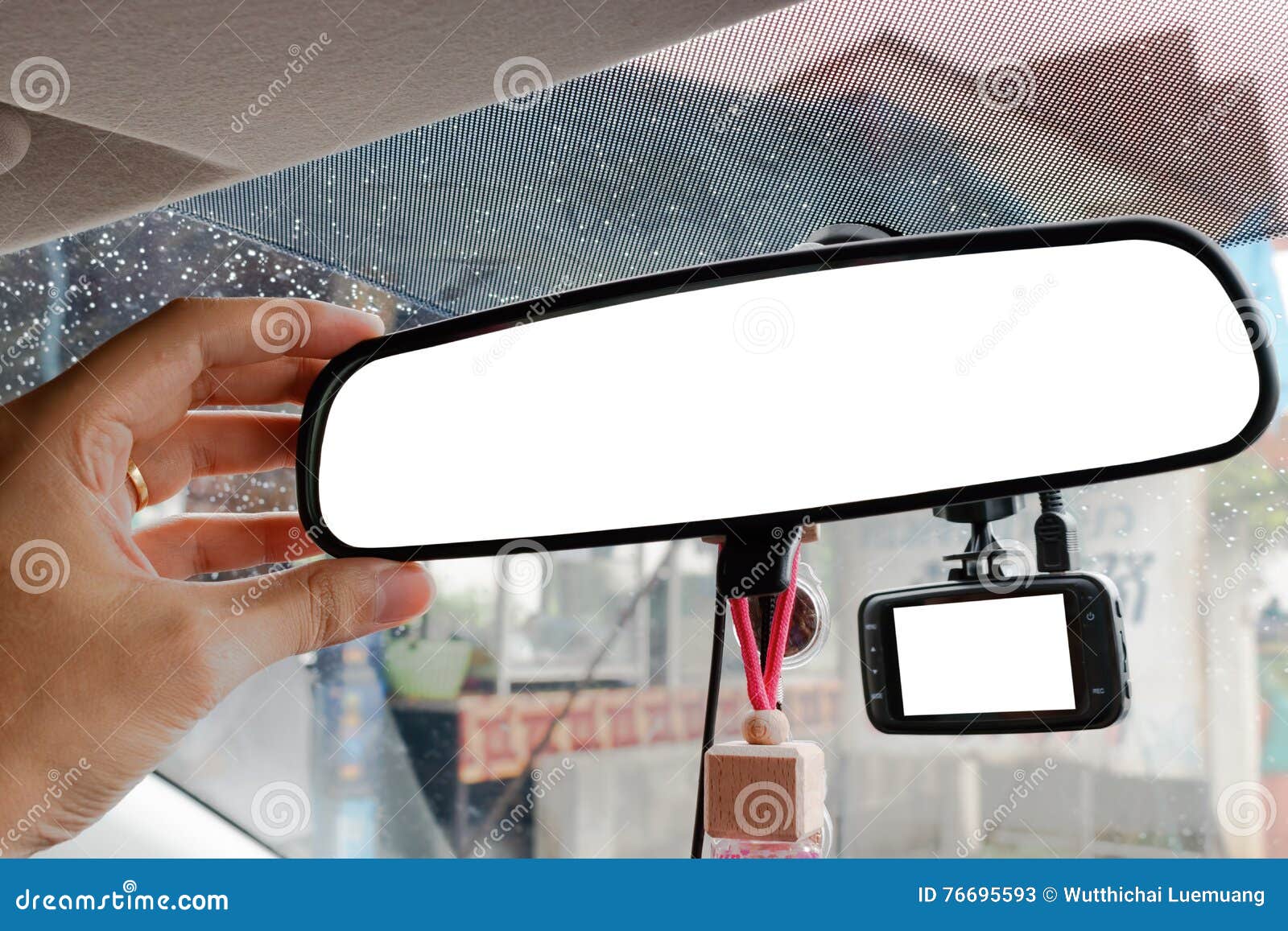 Hand Adjusting Rear View Mirror and Camera Record Video in Car. Stock ...