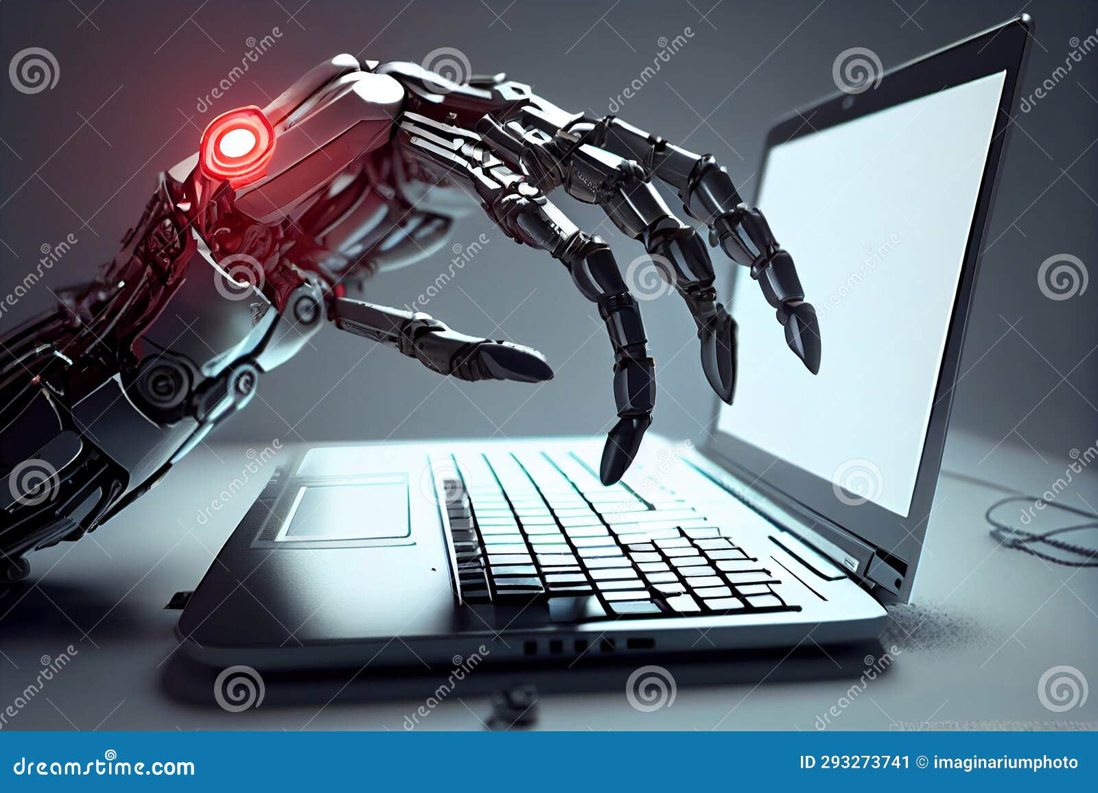 Hand of a Ai or KI Robot is Using the Keyboard of an Computer or Laptop ...