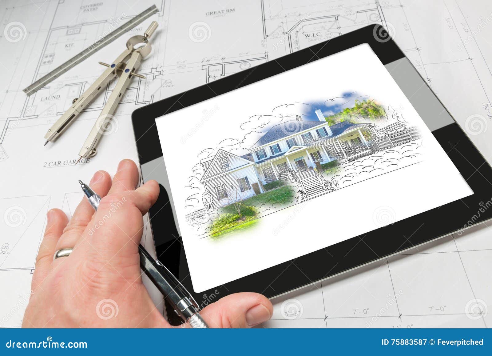 Hand of Architect on Computer Tablet Showing Home Illustration O Stock ...
