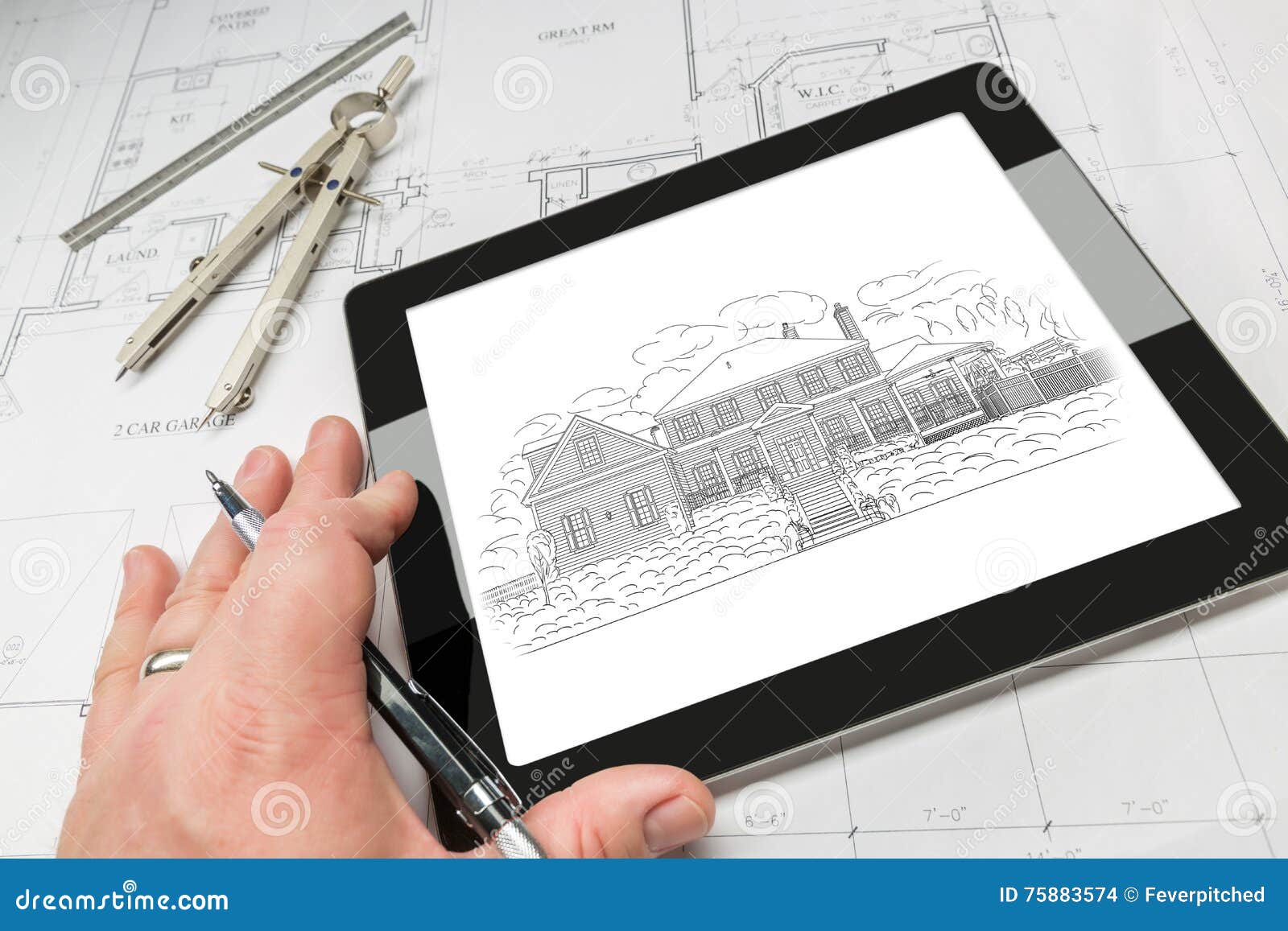 Hand of Architect on Computer Tablet Showing Home Illustration O Stock ...