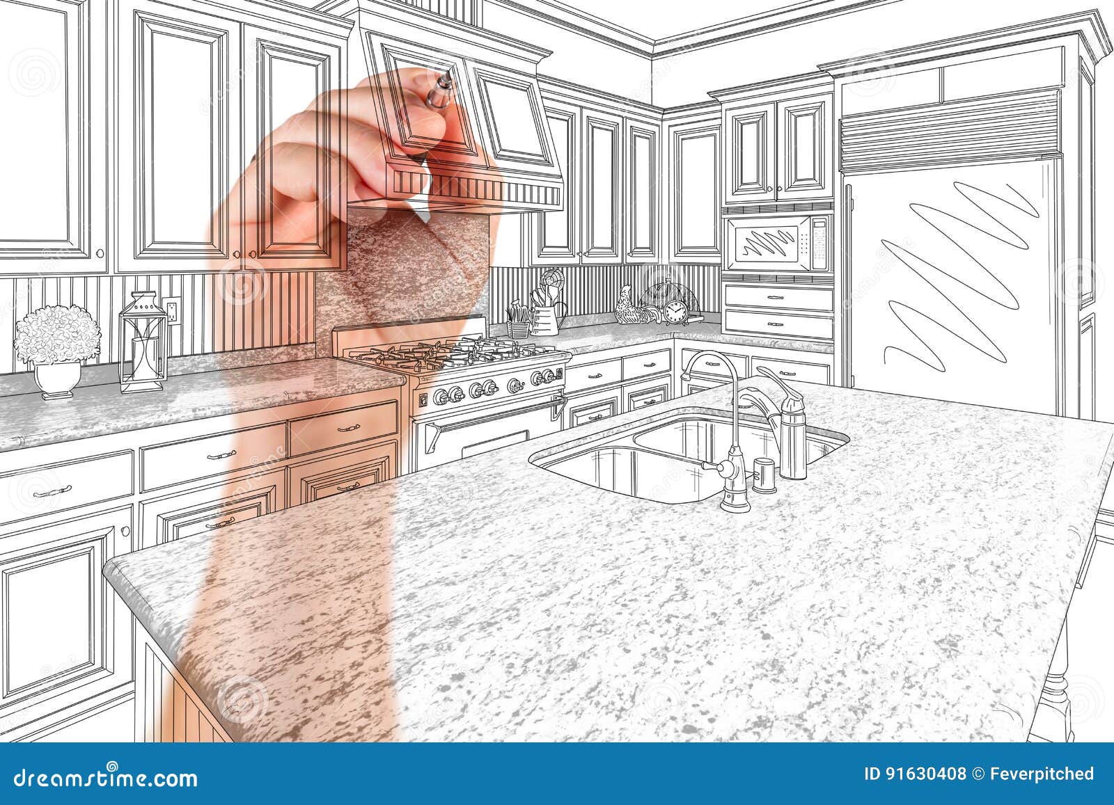Hand of Architect Drawing Detail of Custom Kitchen Design Stock ...