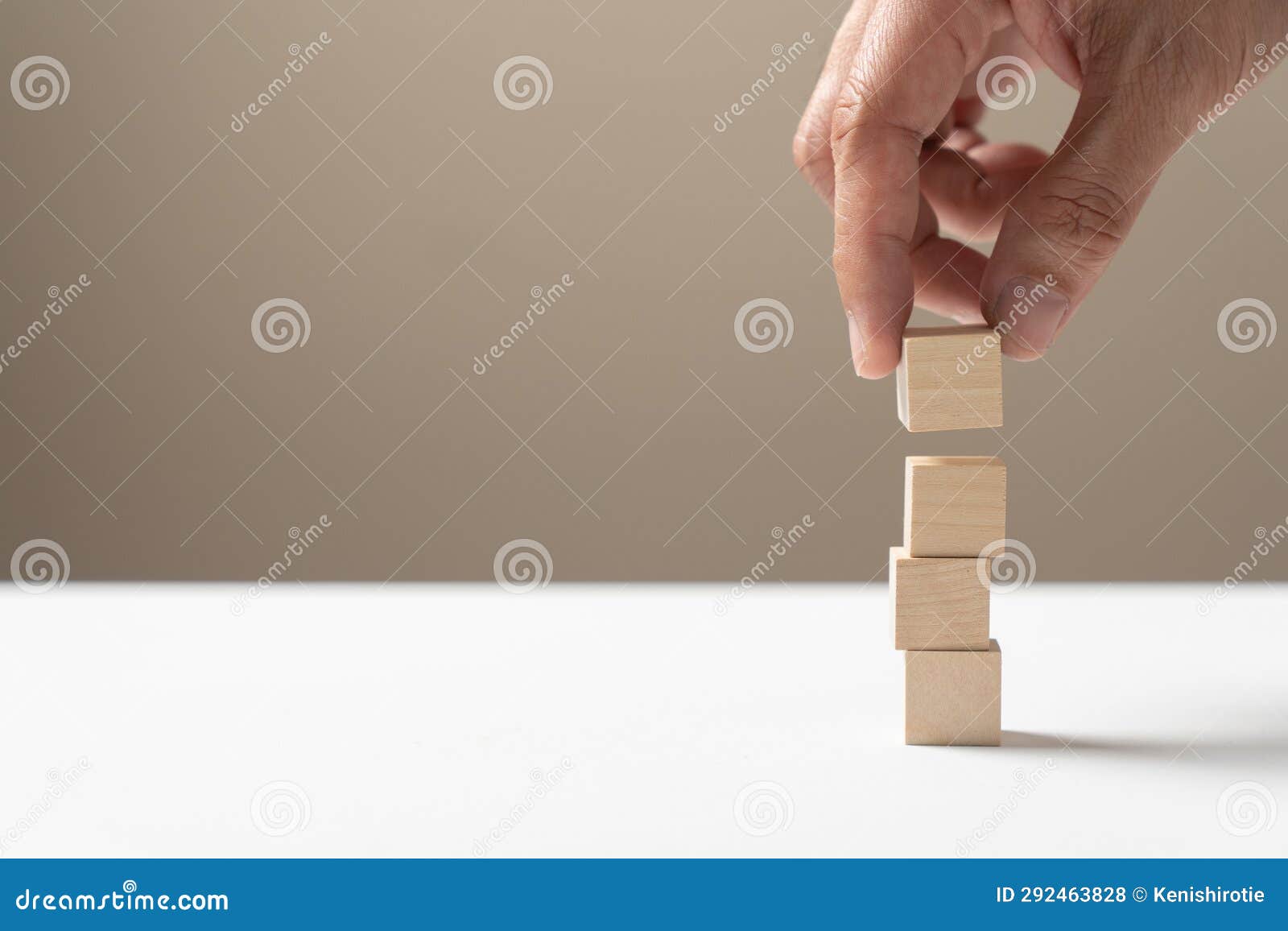 Hand Arrange Four Empty Wooden Cube Blocks Stack on White Table. Stock ...