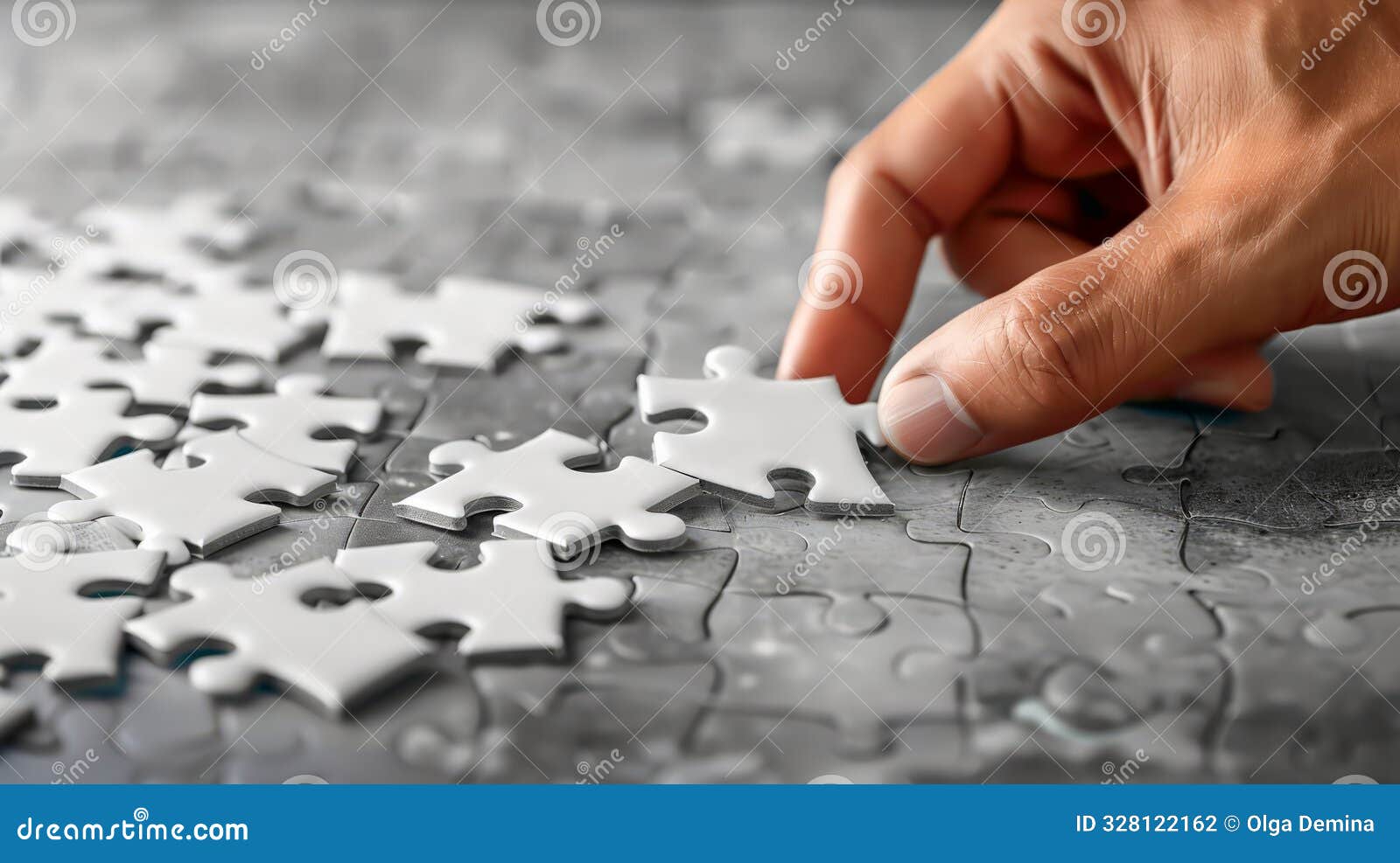 Hand Arranging White Puzzle Pieces on Grey Surface. Concept of ...