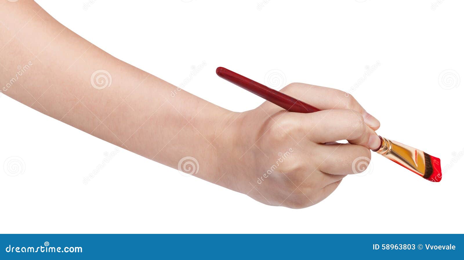 Hand with Artistic Flat Paintbrush Paints in Red Stock Image - Image of ...