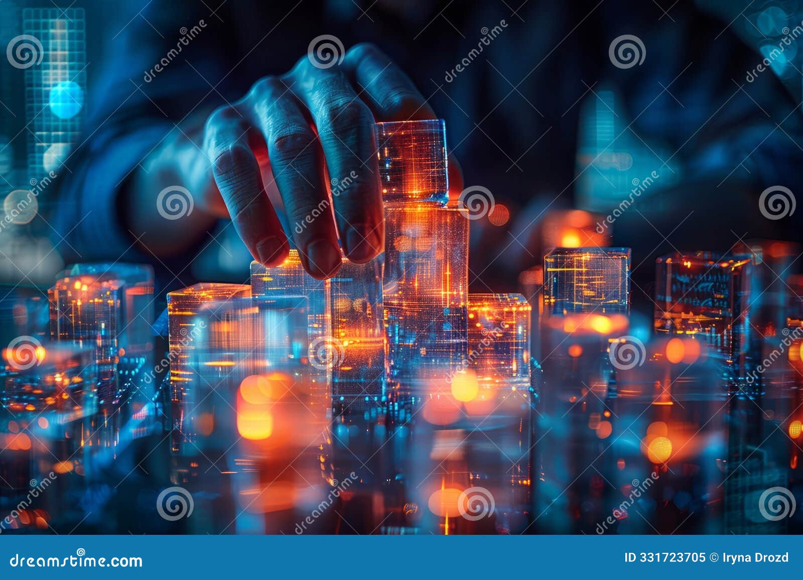 Hand Assembling Illuminated Digital Blocks into a Futuristic City Model ...