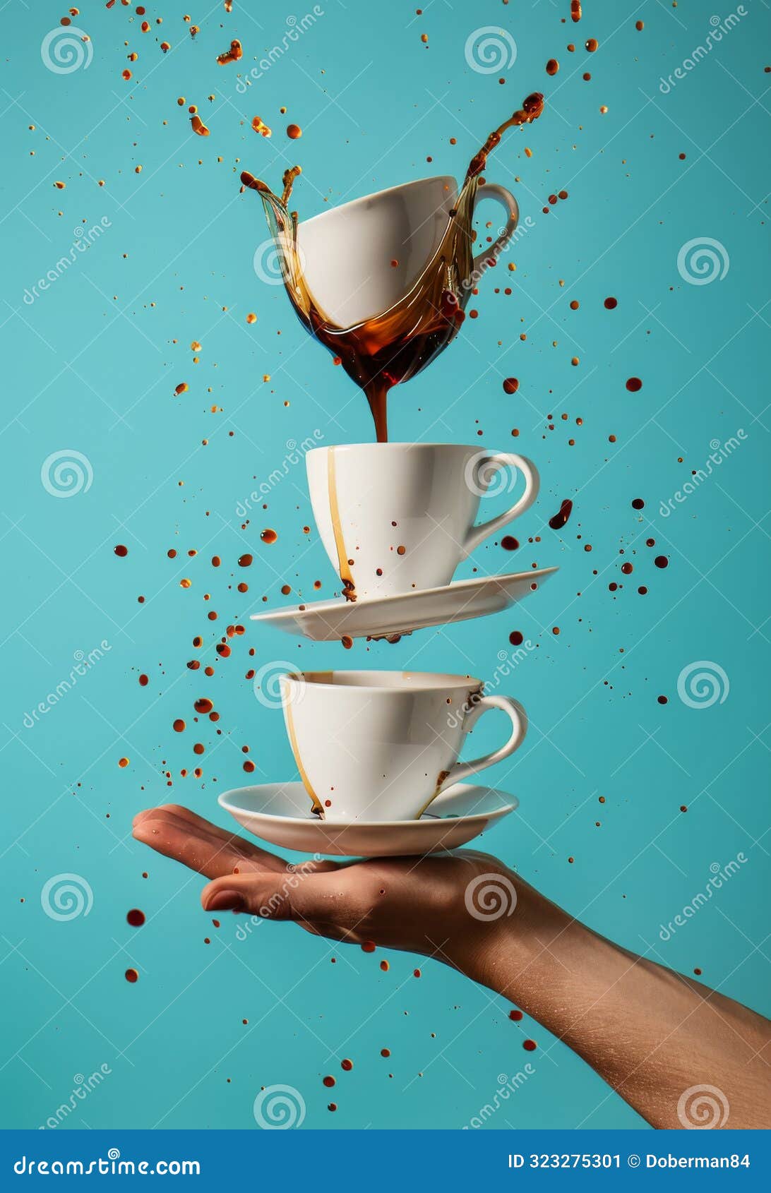 Hand Balancing Stack of Tea Cups with Coffee Splashing Against ...