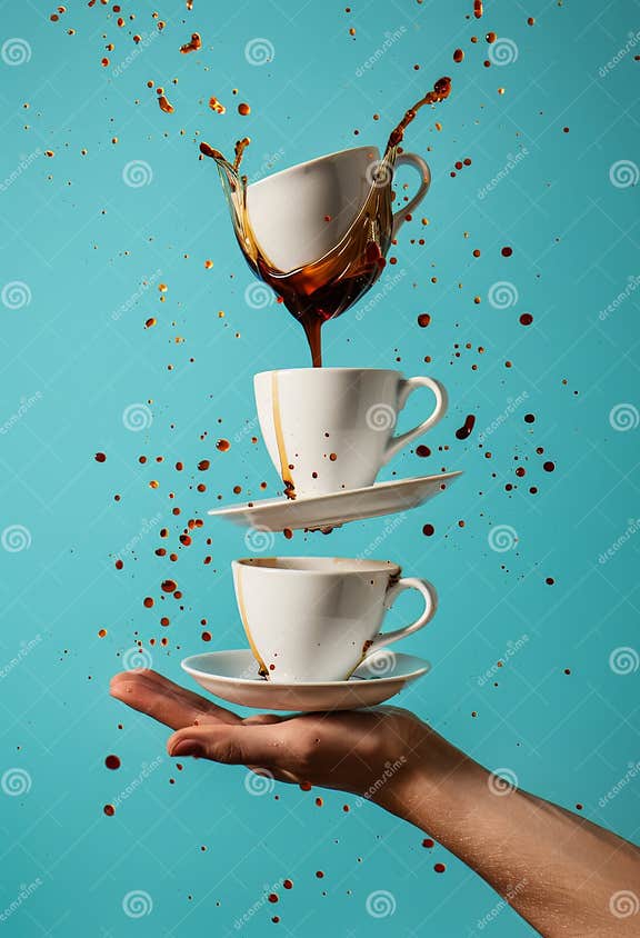 Hand Balancing Stack of Tea Cups with Coffee Splashing Against ...