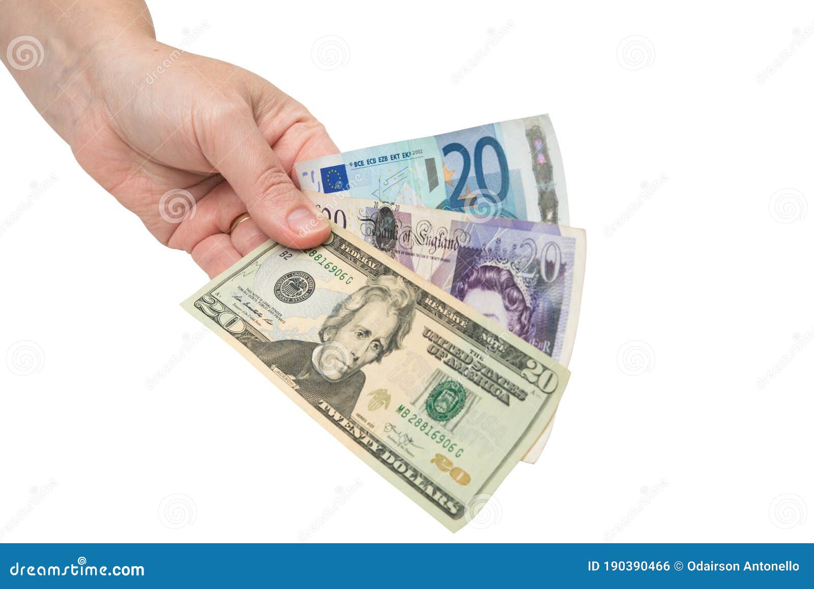 Hand with Banknotes, Pound Sterling, Dollar and Euro, Closeup and Copy ...