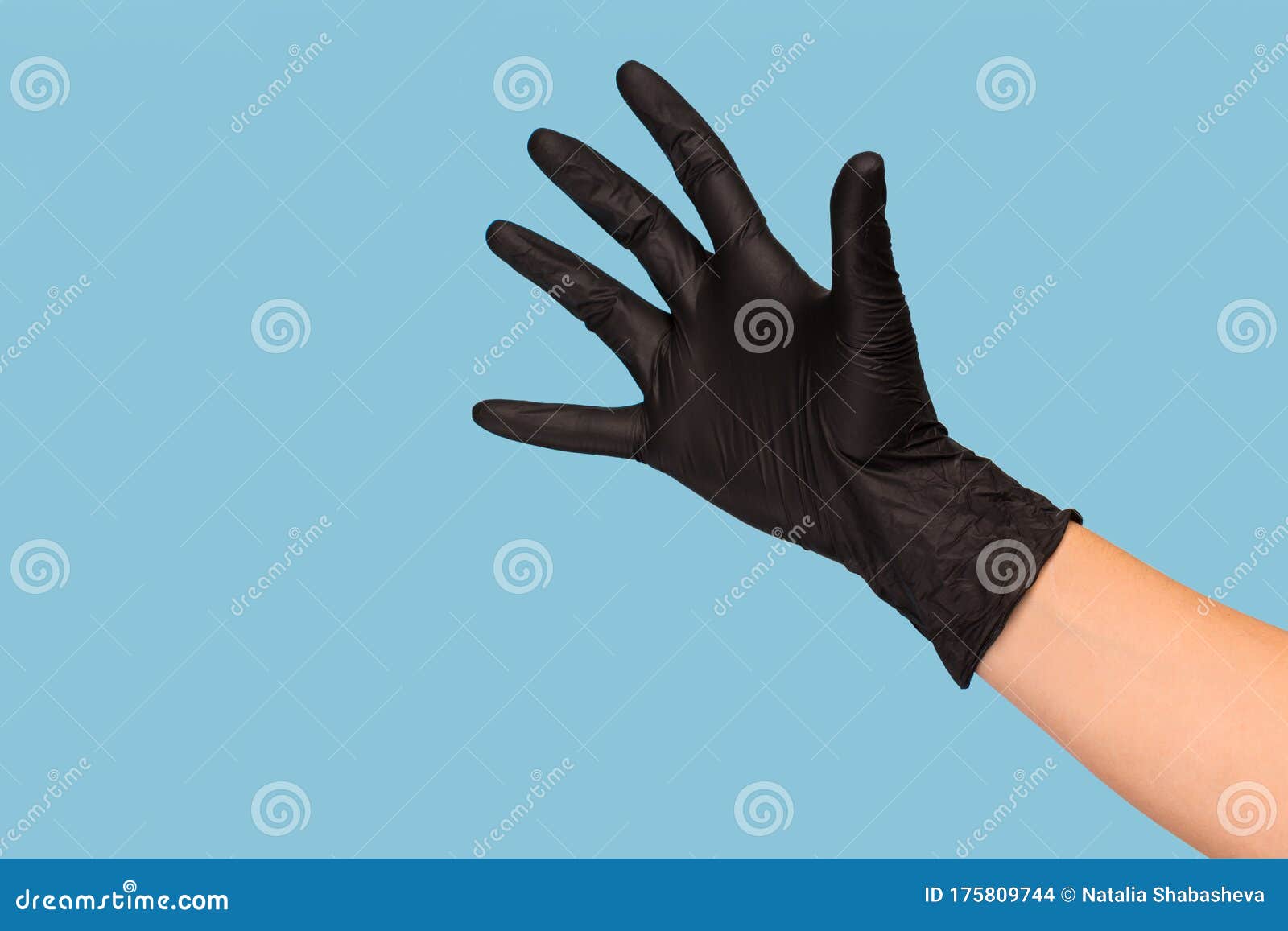 A Hand in a Black Glove Shows Front Five on a Blue Background. Hygiene ...