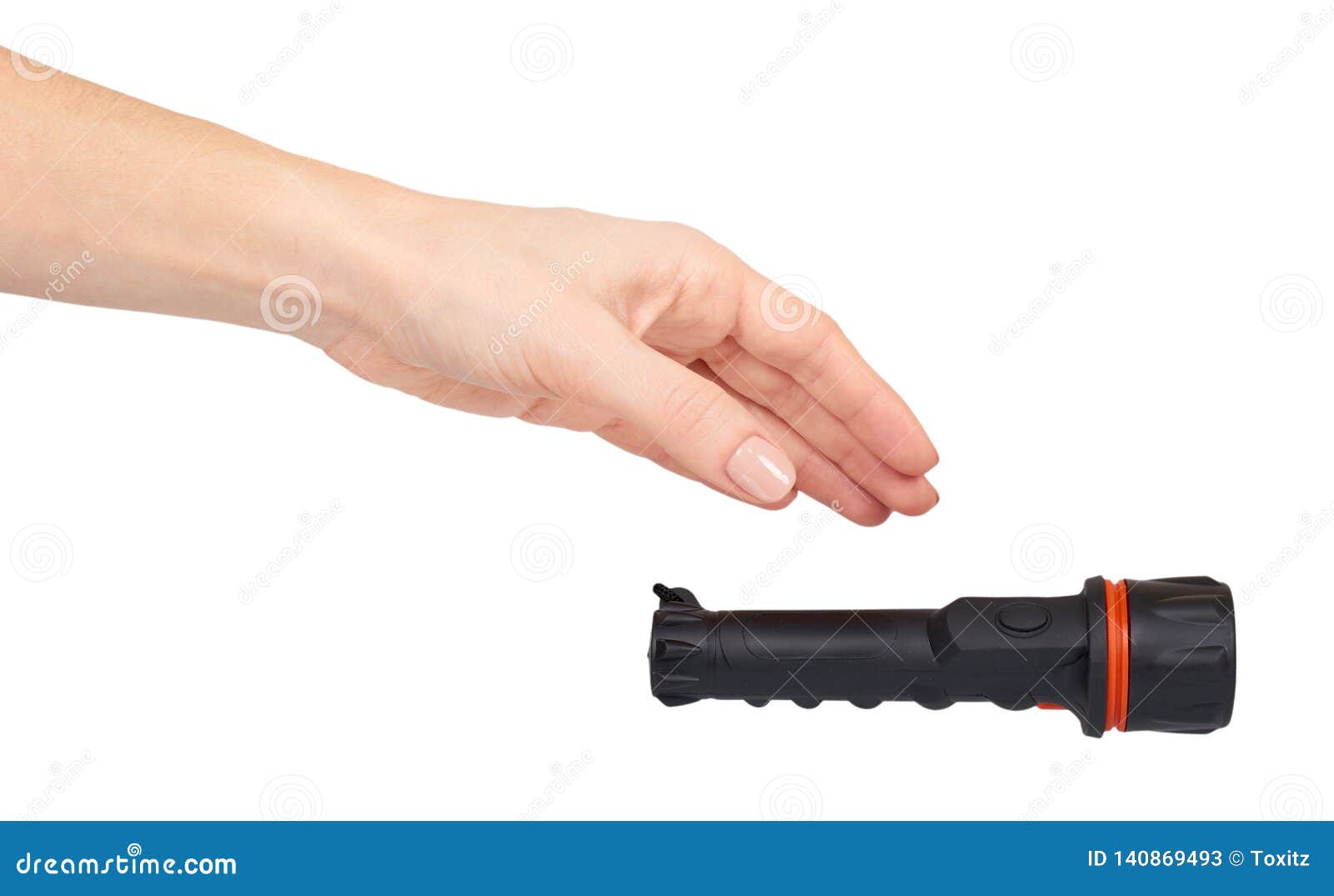 Hand with Black LED Flashlight, Compact Lighting for Travel Stock Image ...