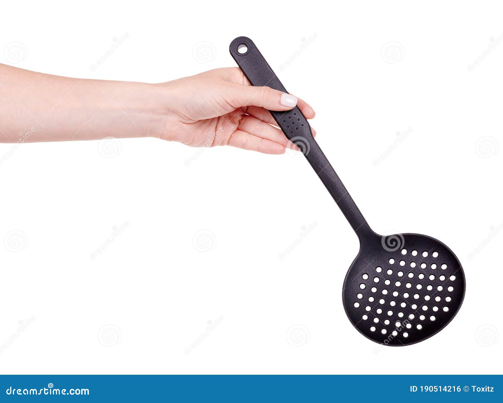 Hand with Black Plastic Ladle, Kitchen Utensil. Isolated on White ...