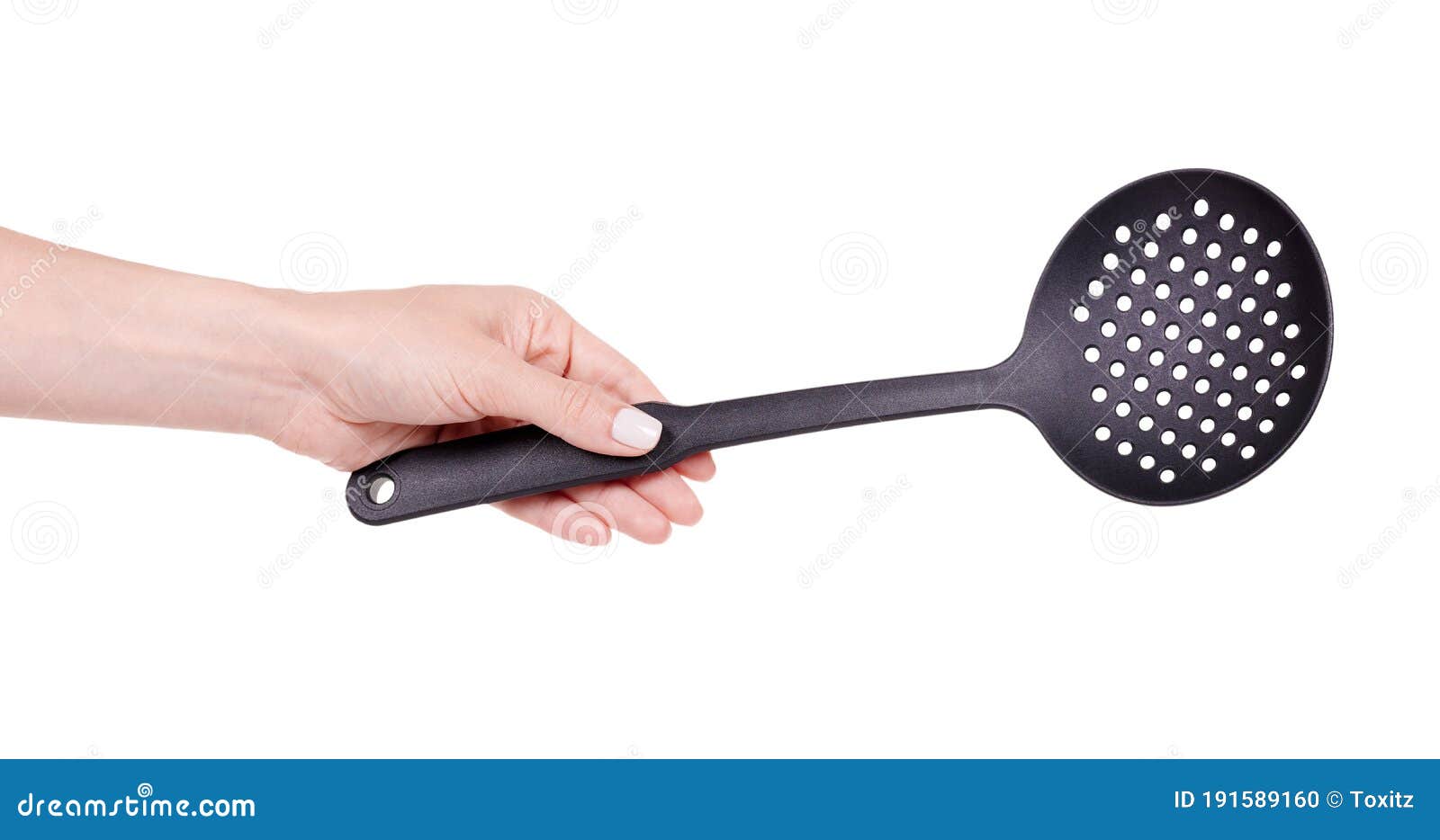 Hand with Black Plastic Ladle, Kitchen Utensil. Isolated on White ...