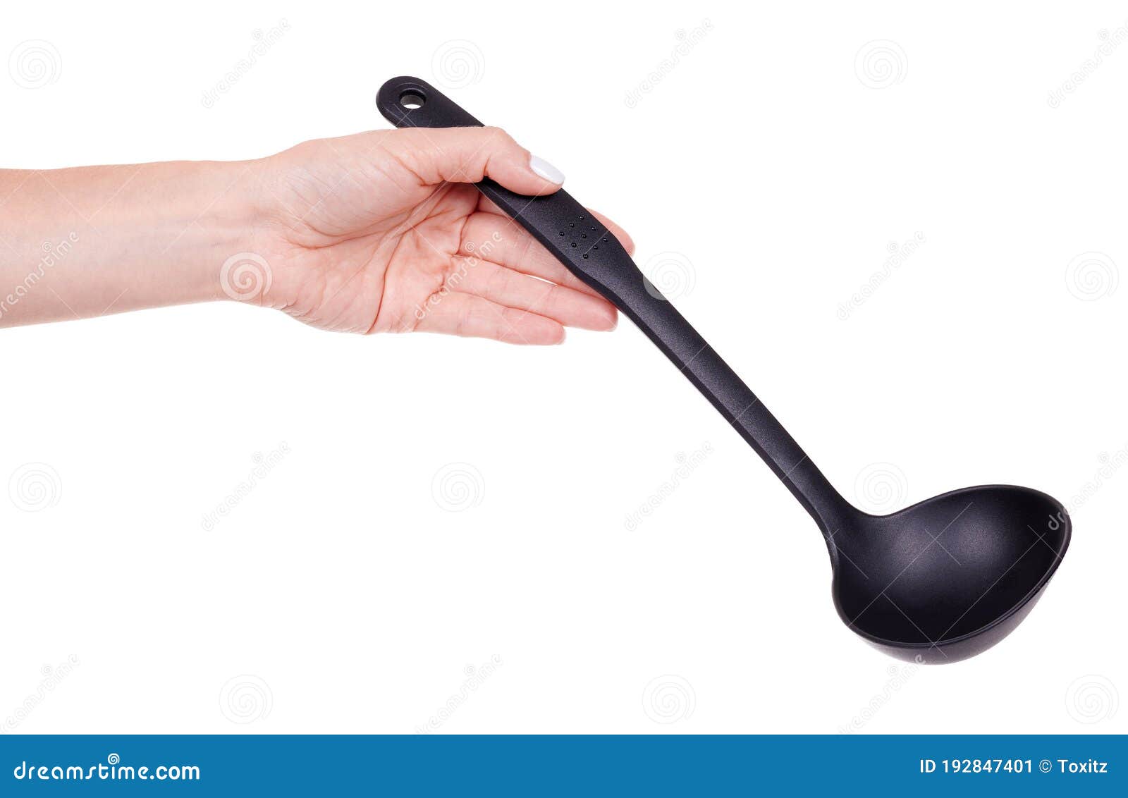 Hand with Black Plastic Ladle, Kitchen Utensil, Isolated on White ...