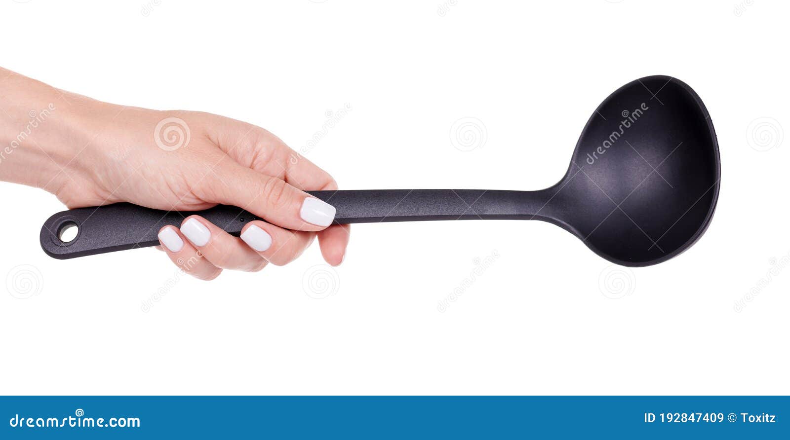 Hand with Black Plastic Ladle, Kitchen Utensil, Isolated on White ...