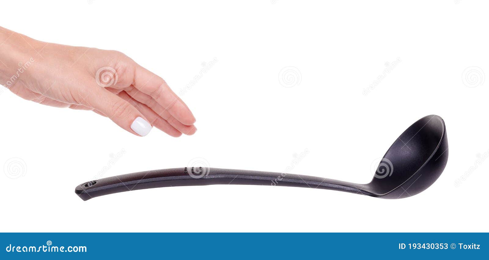 Hand with Black Plastic Ladle, Kitchen Utensil, Isolated on White ...