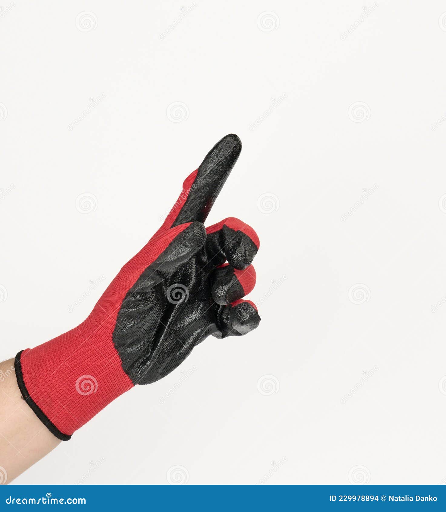 Hand in a Black-red Textile Work Glove Points with the Index Finger To ...