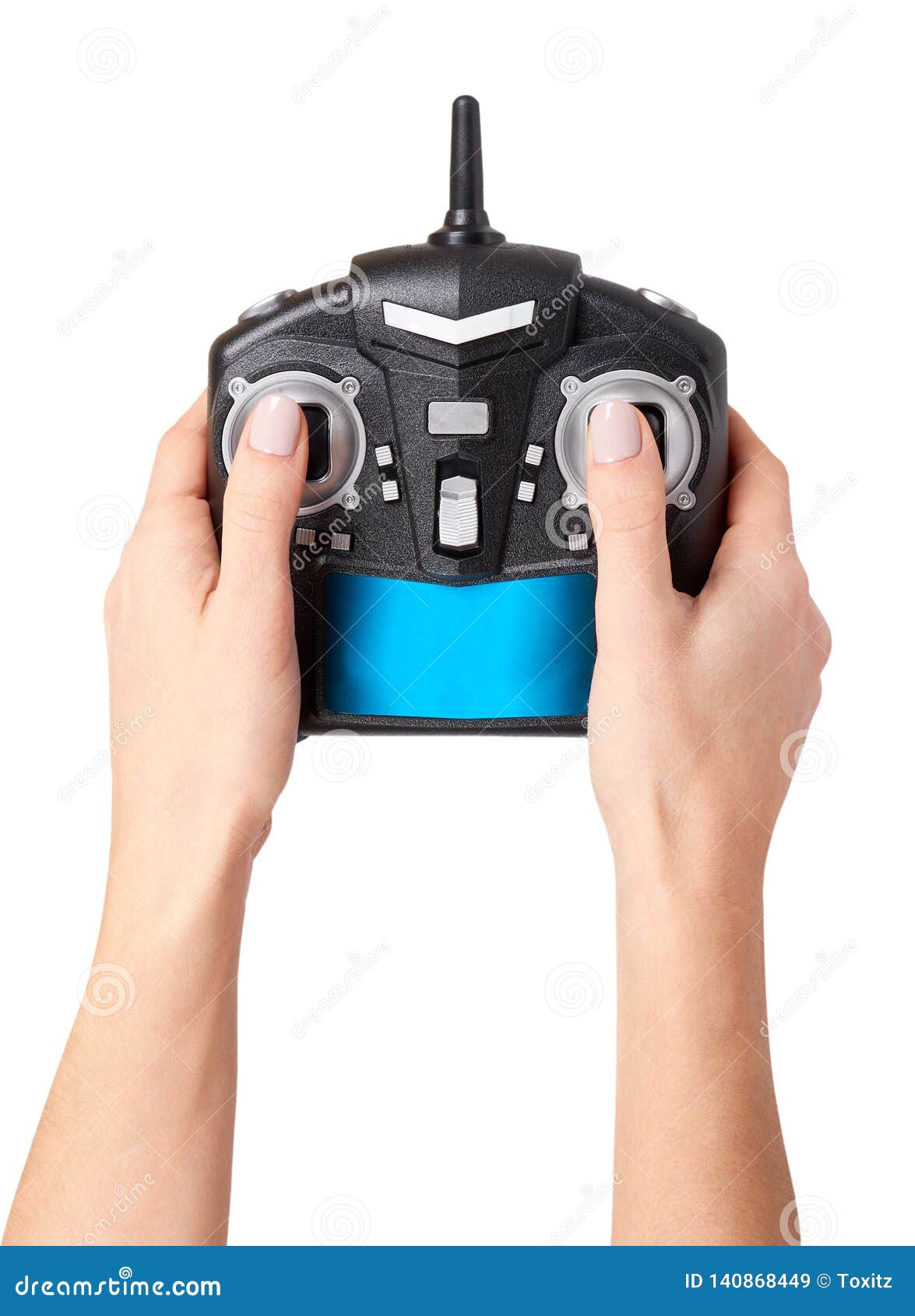 Hand with Black Remote Control for Drone, RC with Antenna Stock Image ...