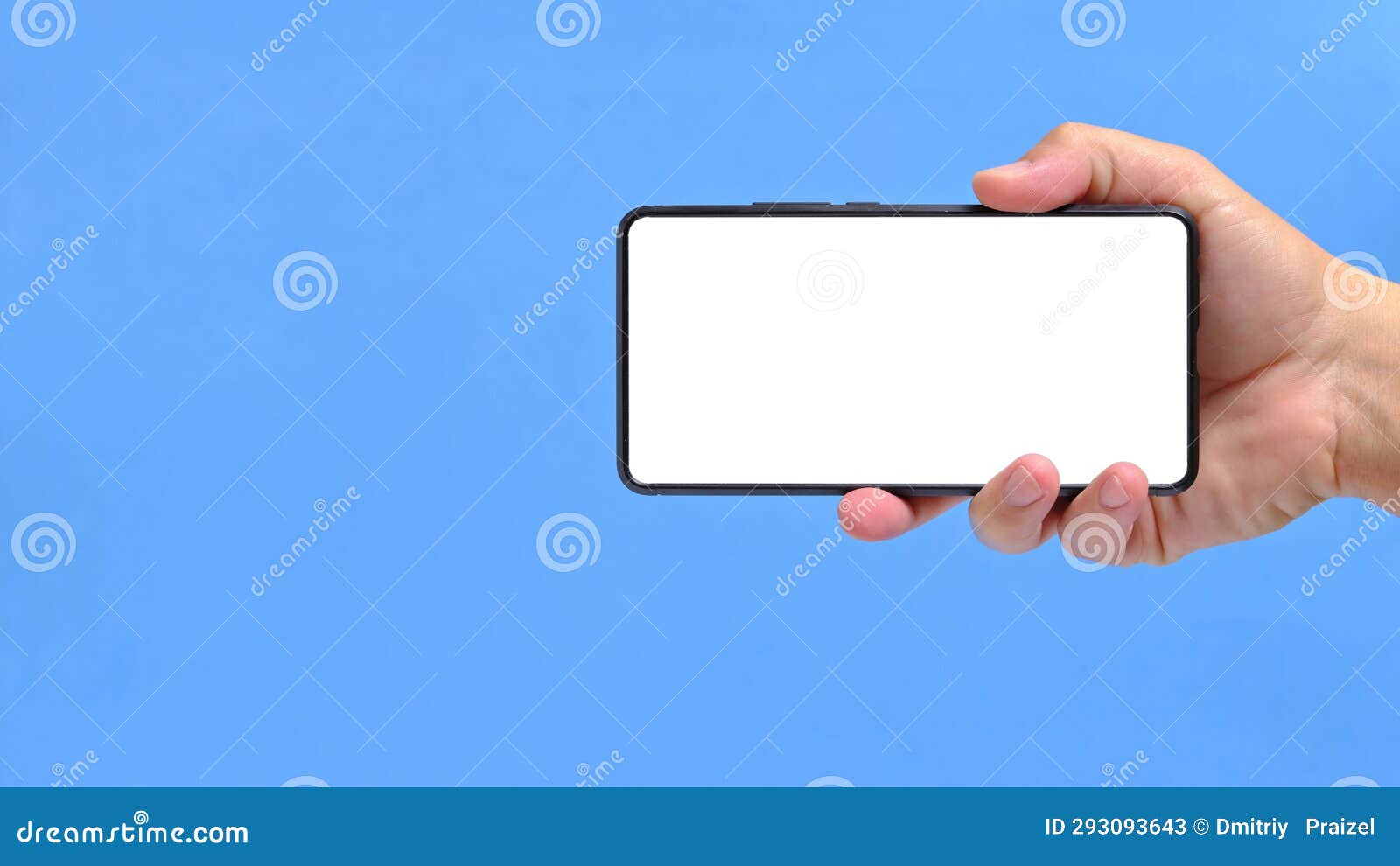 Hand Blue Background Holds Smartphone with Clean White Screen Stock ...