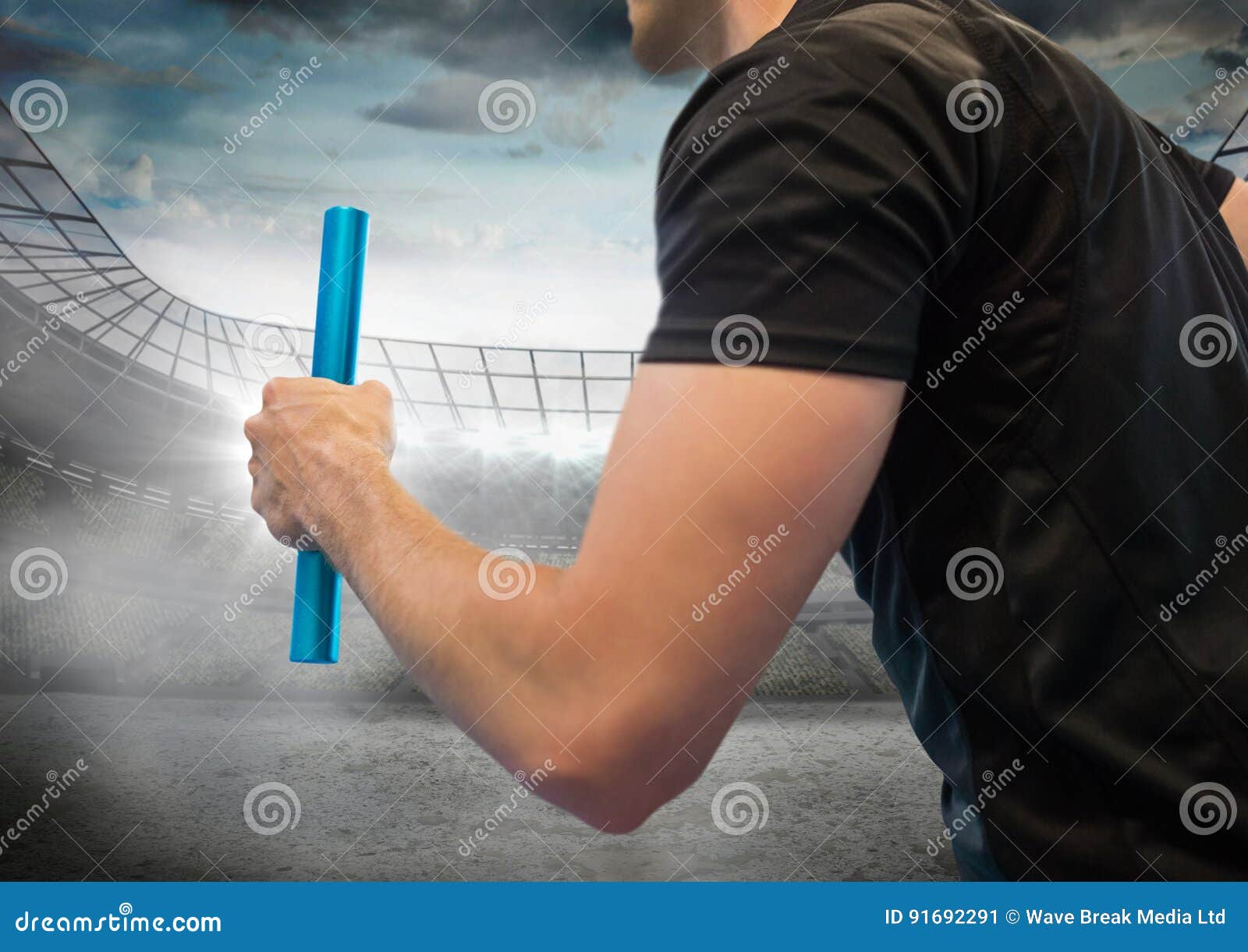 Hand with Blue Baton Against Stadium with Flares Stock Image - Image of ...