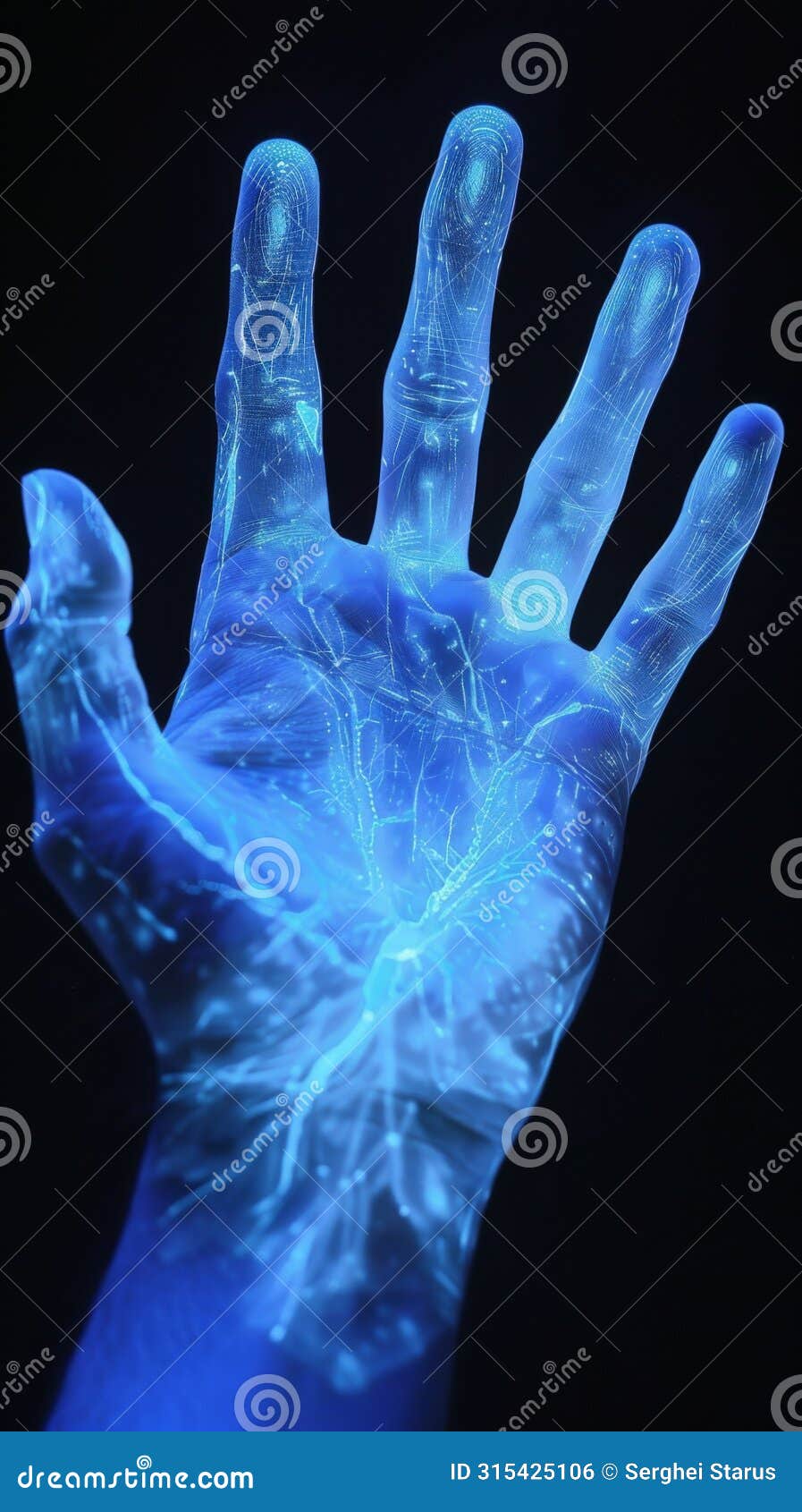 A Hand with Blue Light Shining through it and a Glowing Image of the ...