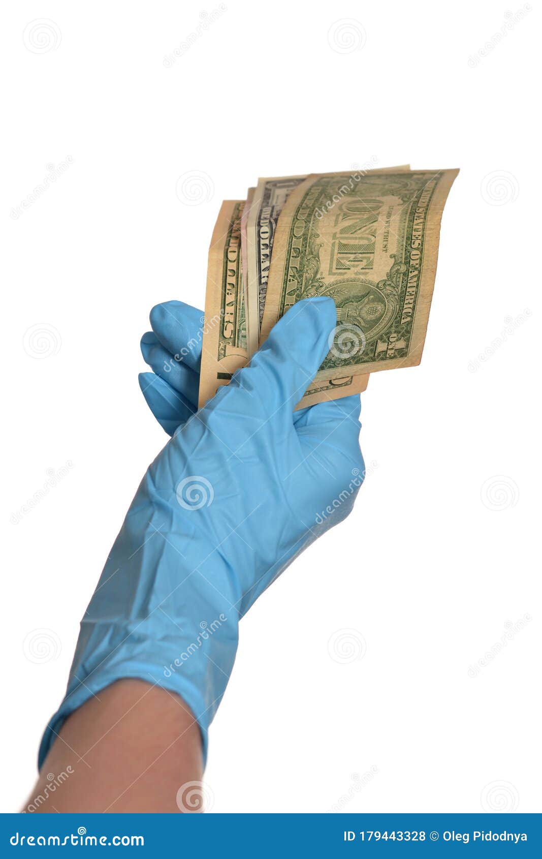 Hand in Blue Protective Gloves with Money Stock Photo - Image of ...